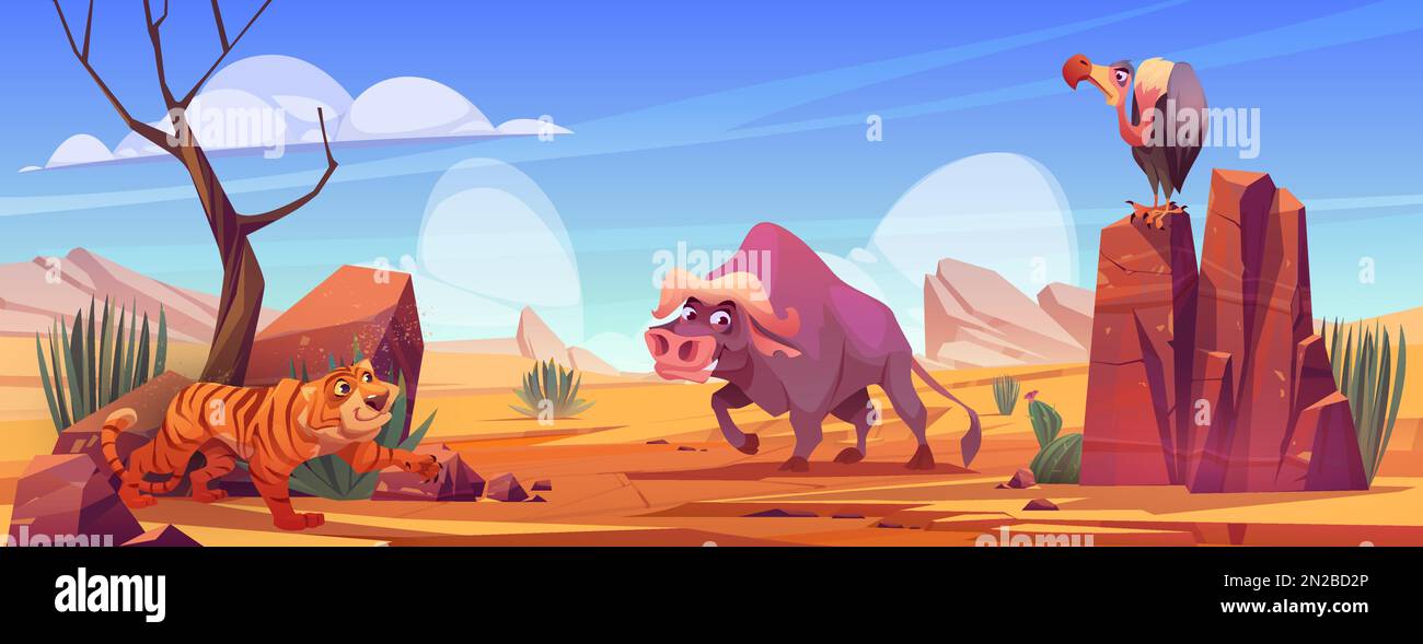 Cartoon African wild animals on savannah background. Vector ...