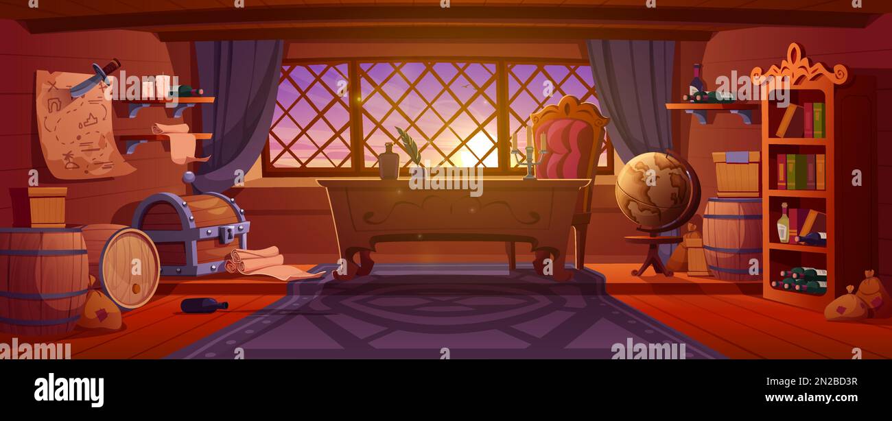 Old pirate ship inside at sunset. Wooden boat captain cabin interior ...