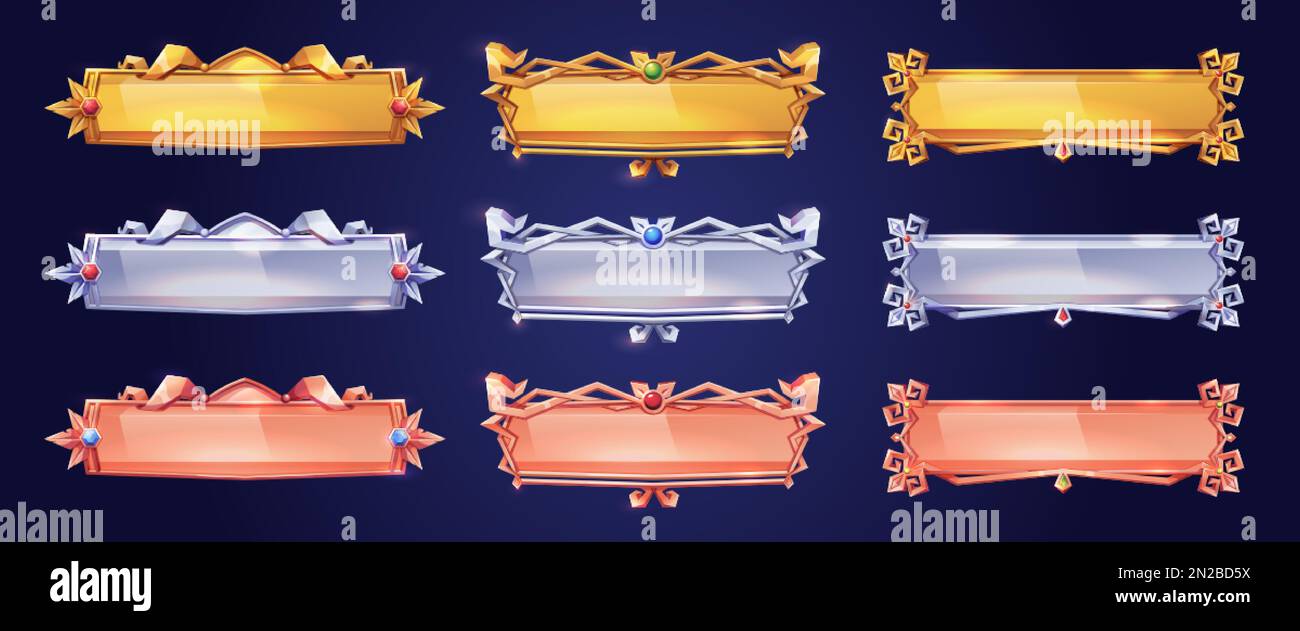 Medieval buttons, ui game menu elements, gold metal oblong banners and ...