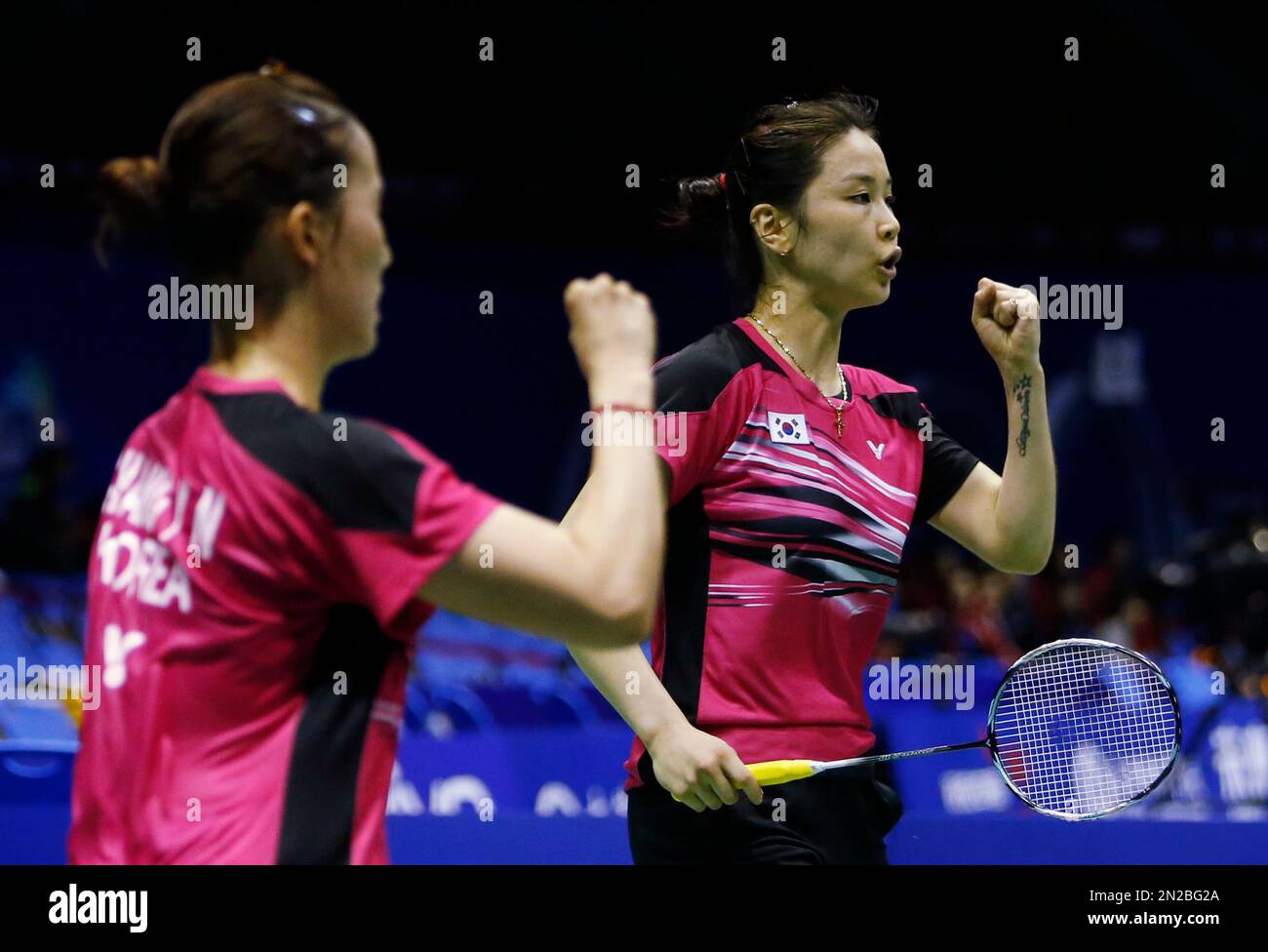 South Korea's Jung Kyung-eun, right, celebrates with her partner Chang ...