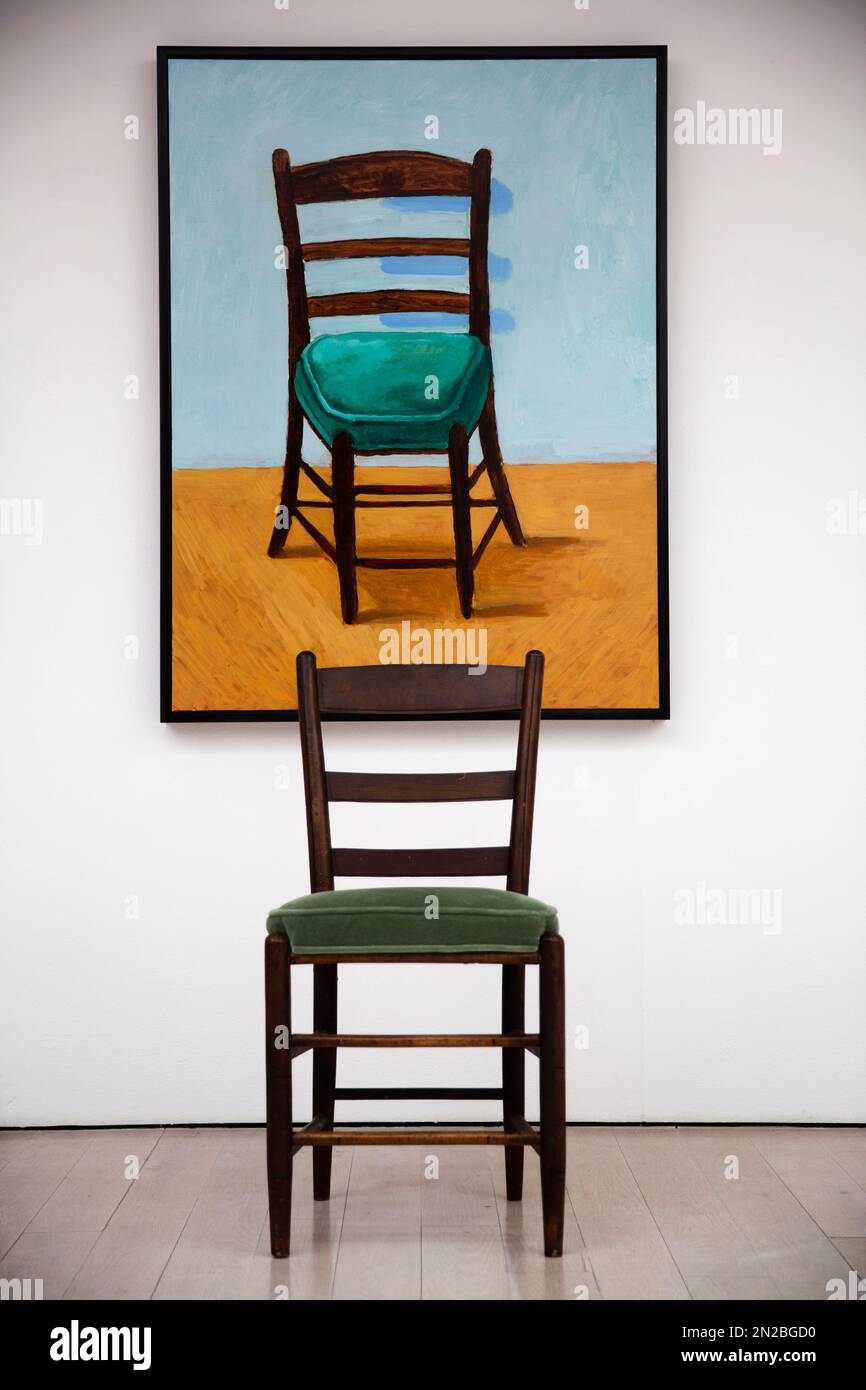 A chair sits in front of the British artist David Hockney's acrylic on ...