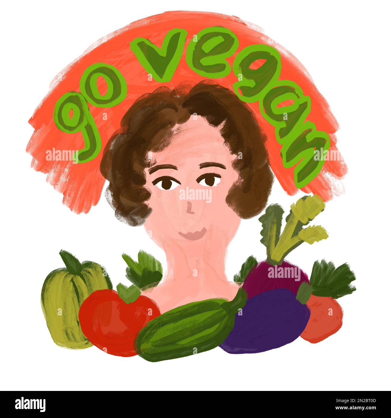 Hand drawn artist illustration of woman with various vegetables. Green ...