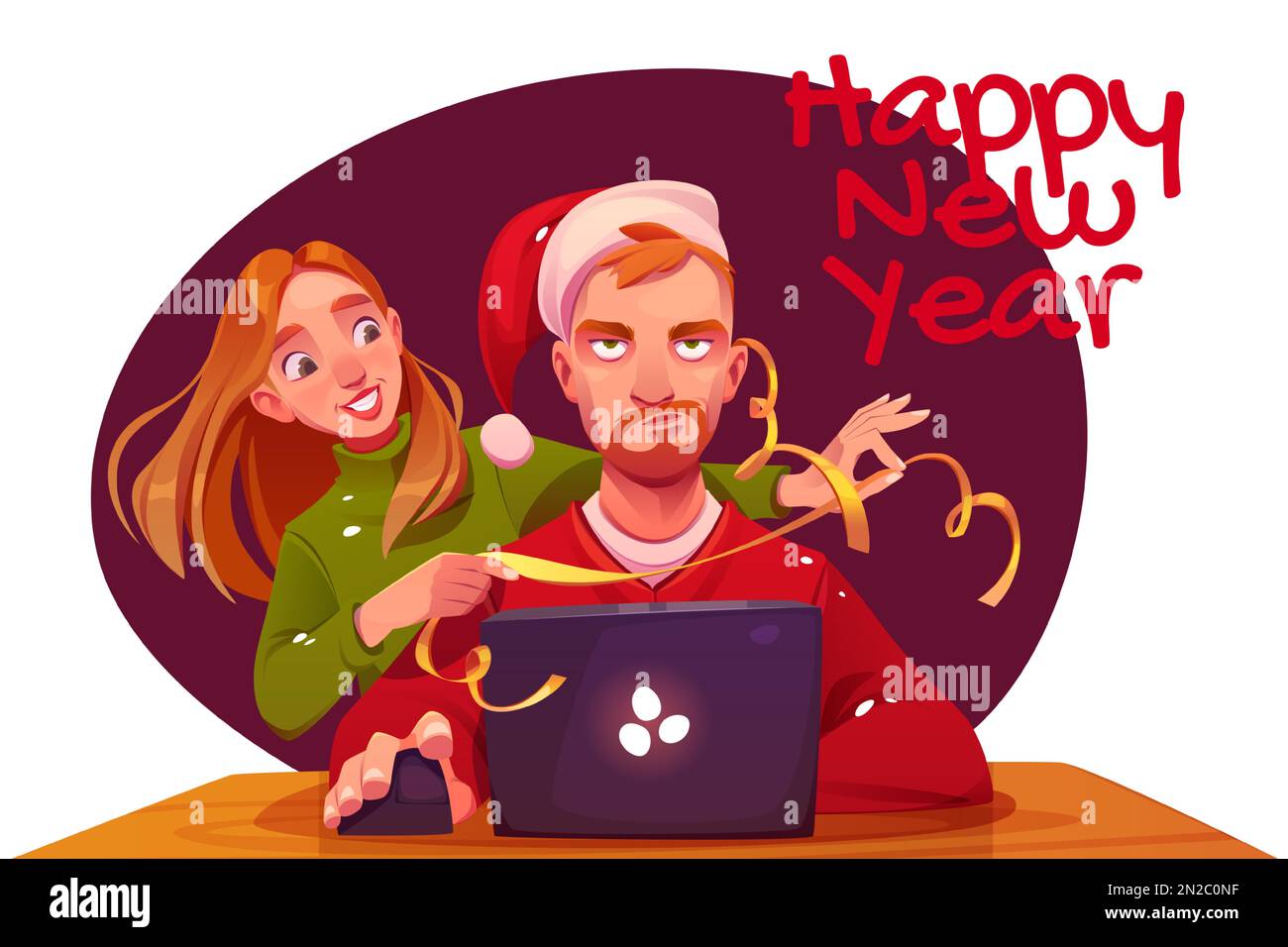 Happy New Year greeting card with cartoon characters grumpy man wear ...