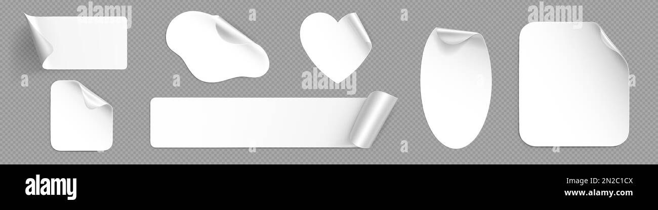 Peel off stickers, white paper patches mockup. Blank labels of ...