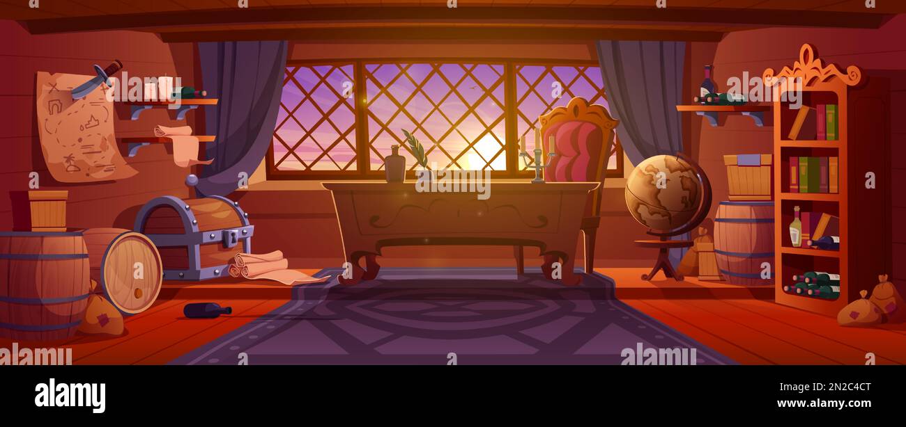 Old pirate ship inside at sunset. Wooden boat captain cabin interior ...