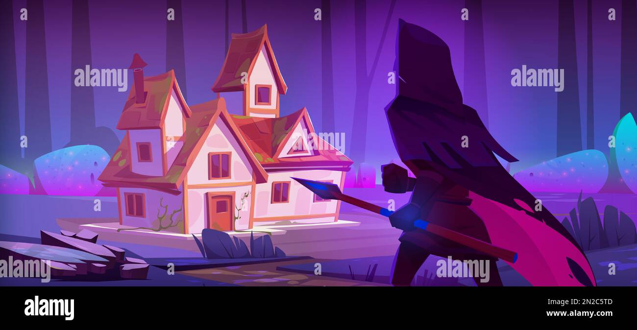 Dangerous man with spear approaching house in night forest. Vector ...