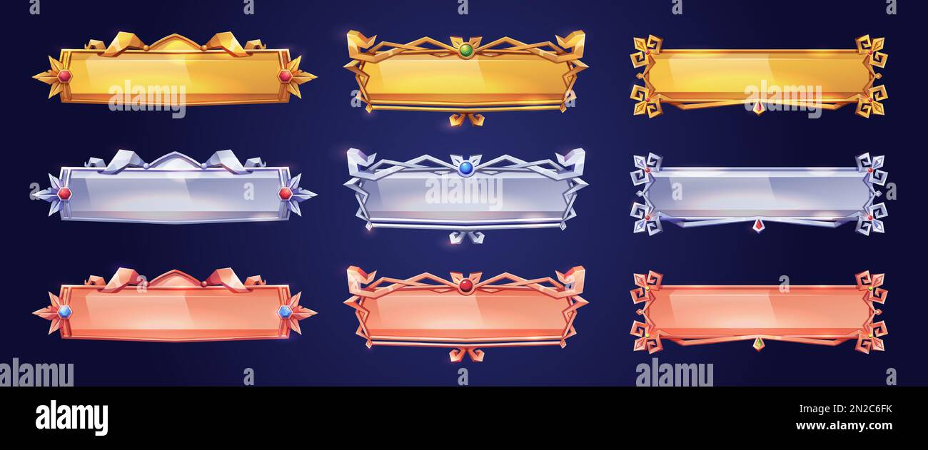 Medieval buttons, ui game menu elements, gold metal oblong banners and ornate rims. Empty royal ...