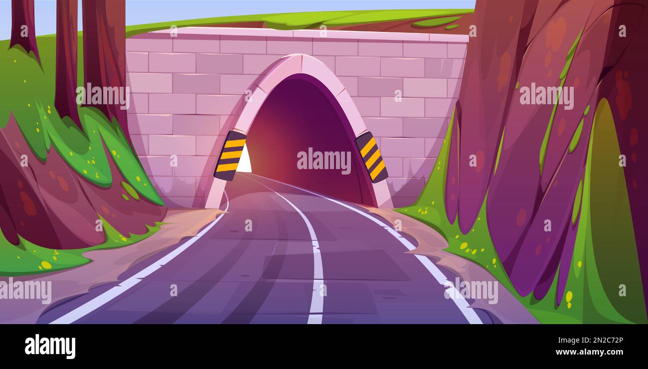 Cartoon road going through tunnel in mountain. Vector illustration of ...