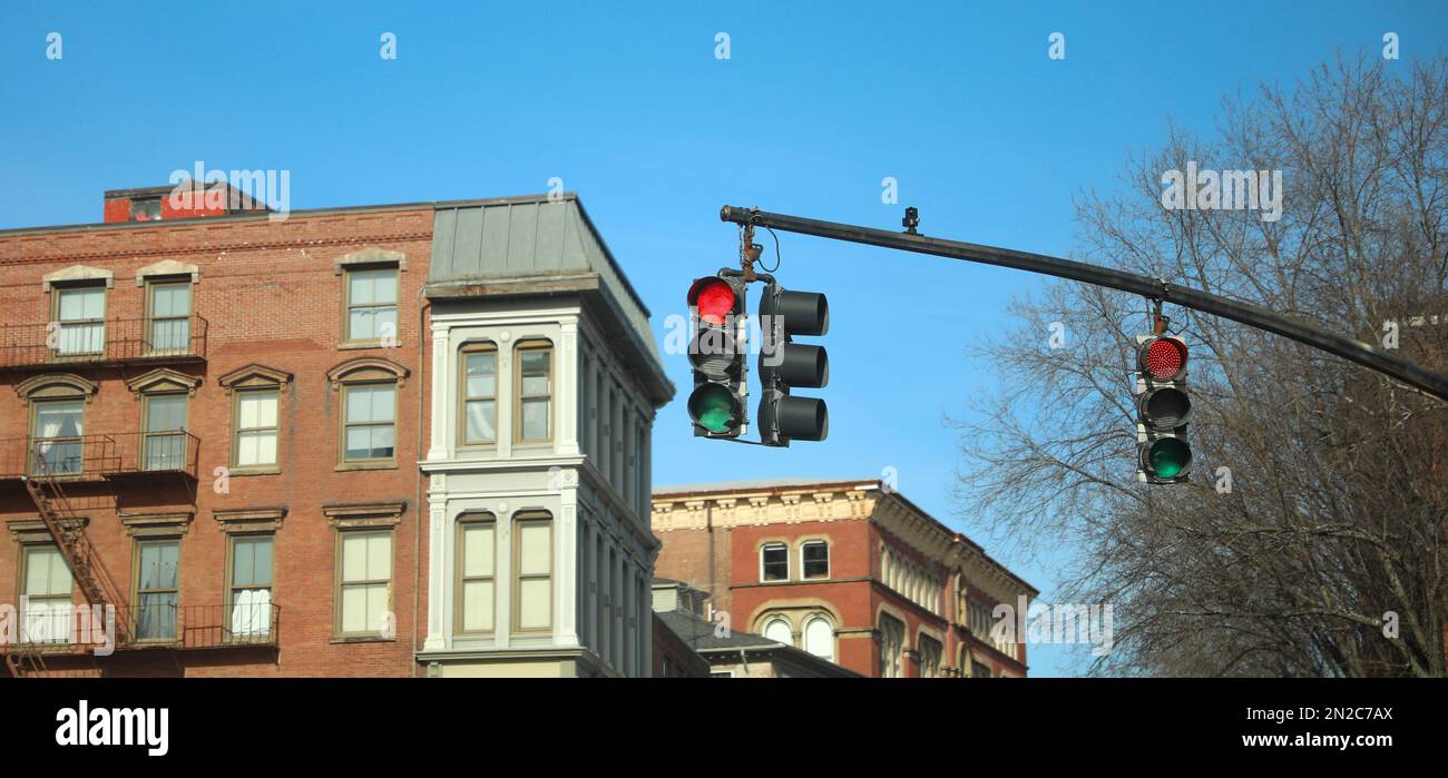 Street Stoplight warning sign at intersection Stock Photo - Alamy