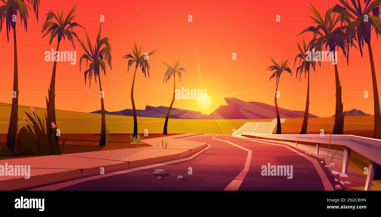 Empty asphalt road with palm trees, sunset tropical background. Vector ...
