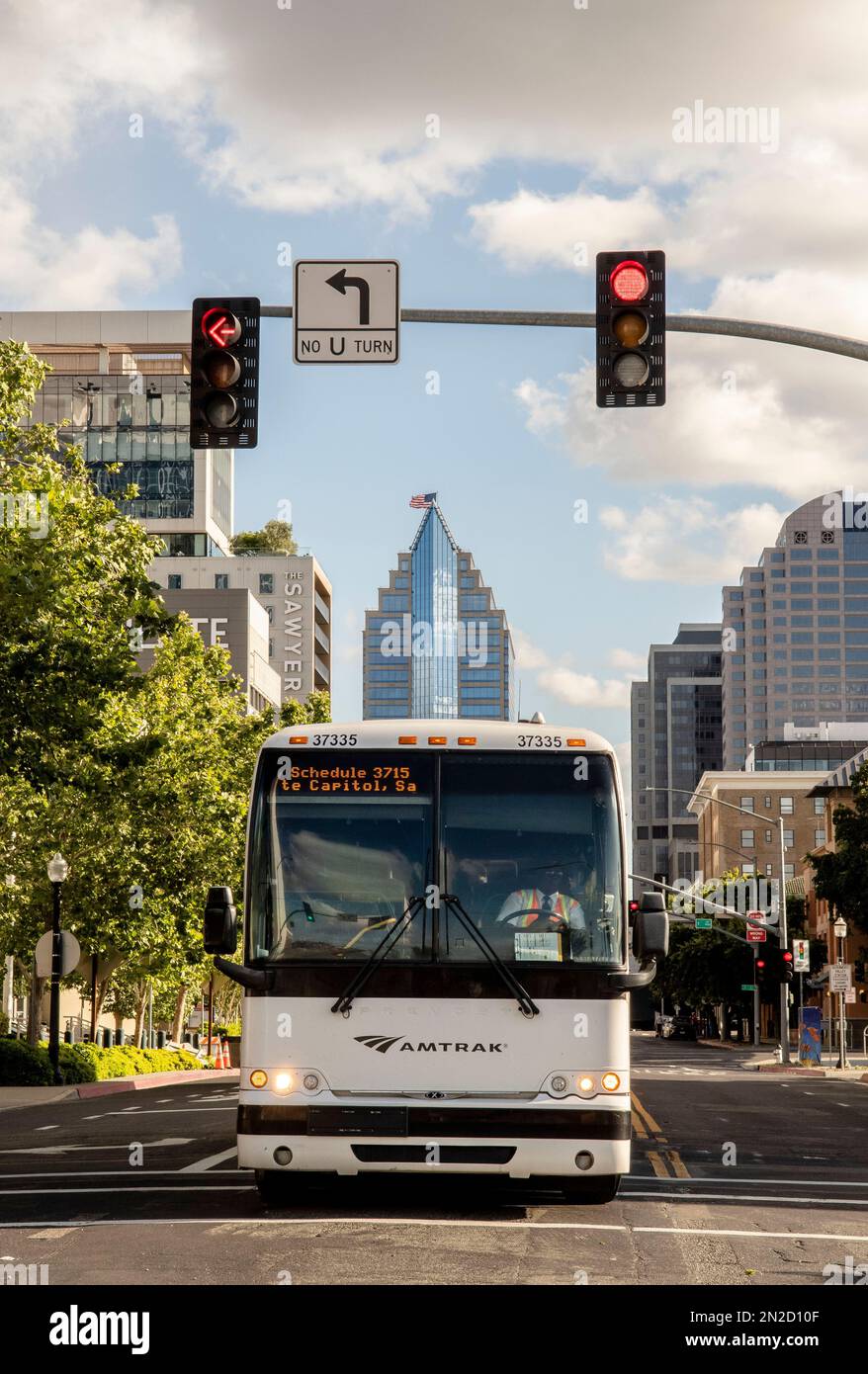 A vertical shot of city bus route on the downtown in Sacramento Stock ...