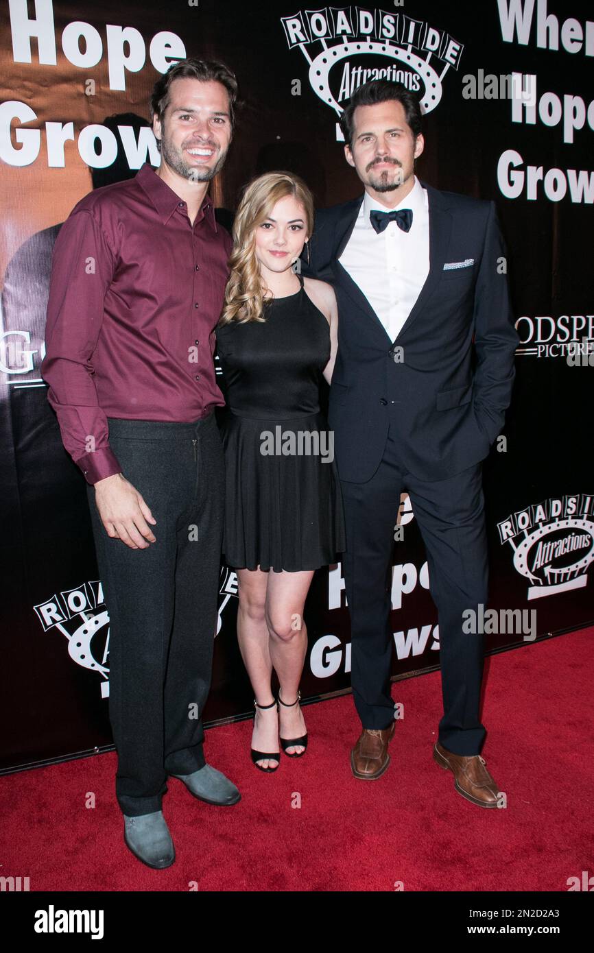 Chris Dowling, from left to right, McKaley Miller and Kristoffer Polaha arrive at the LA ...