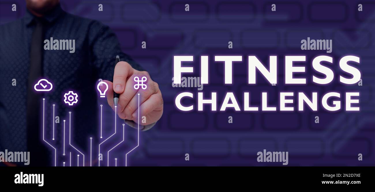 Hand writing sign Fitness Challenge. Concept meaning condition of being ...