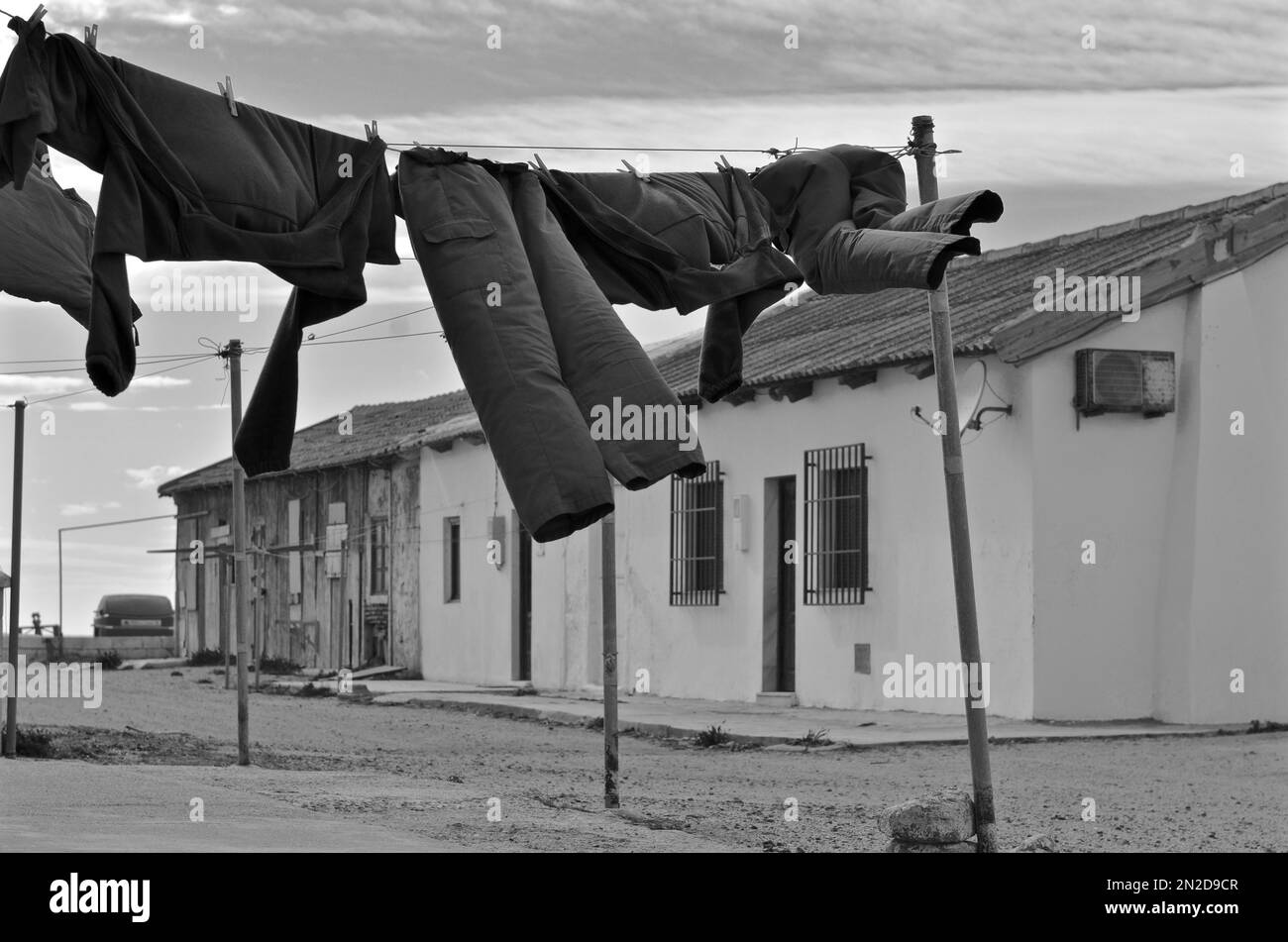 Laundry hanging in front of fishermen's houses, Salinas, Cabo de Gata ...