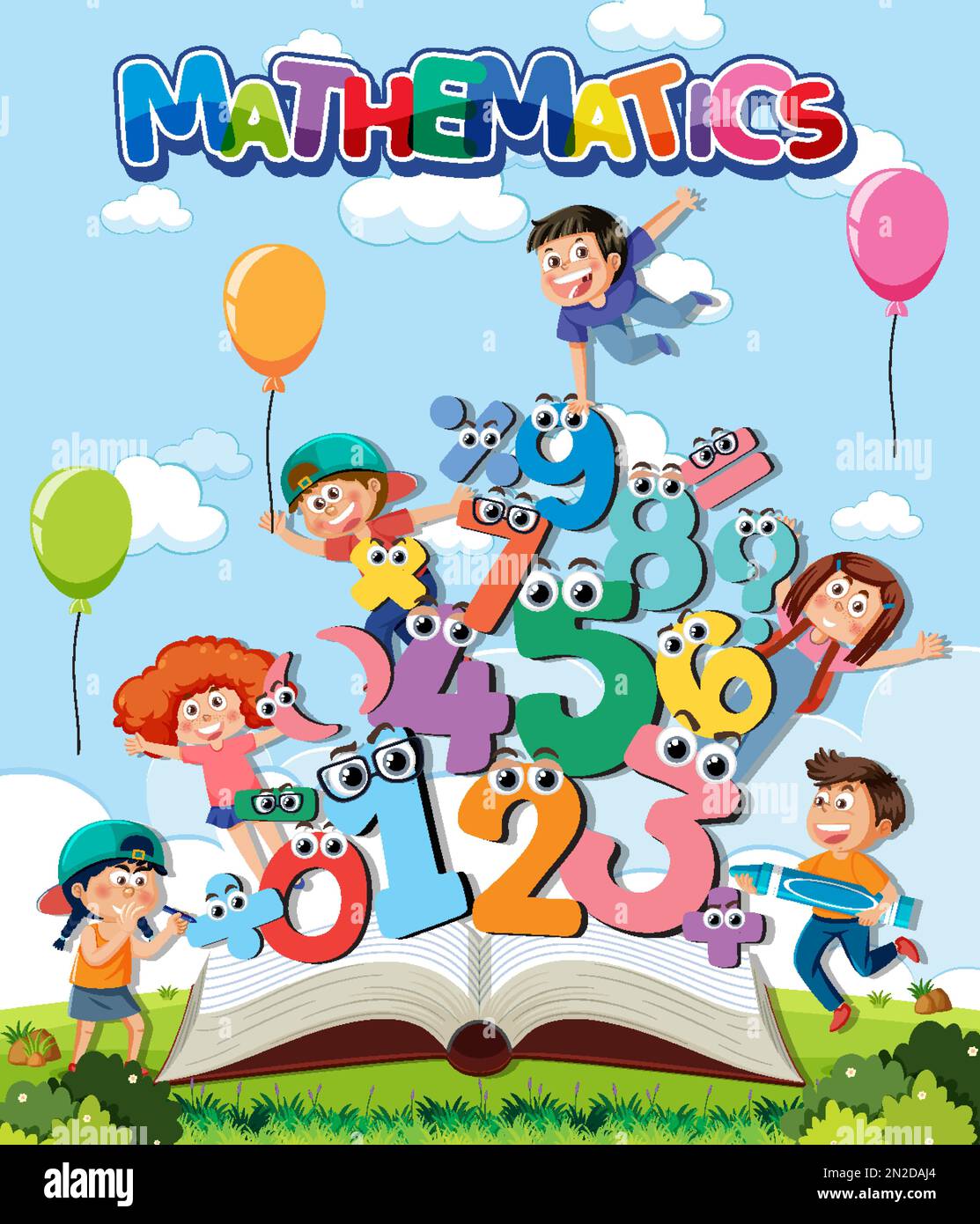 School kids with math theme outdoor background illustration Stock ...