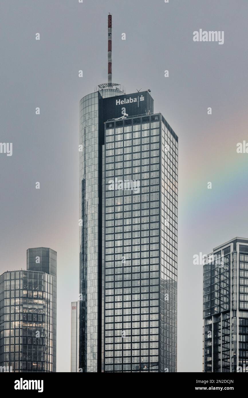 Helaba Tower, high-rise in the skyline with rainbow, Franfurt am Main ...