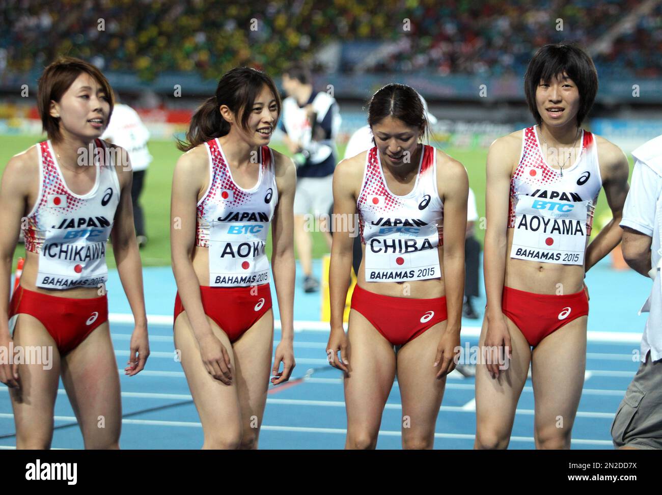 From Left: Kana Ichikawa, Sayaka Aoki, Asami Chiba and Seika Aoyama pose for news photographers ...