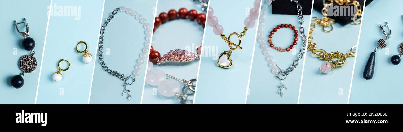 Collage of modern jewelry. Bracelets, necklaces made of natural stone ...