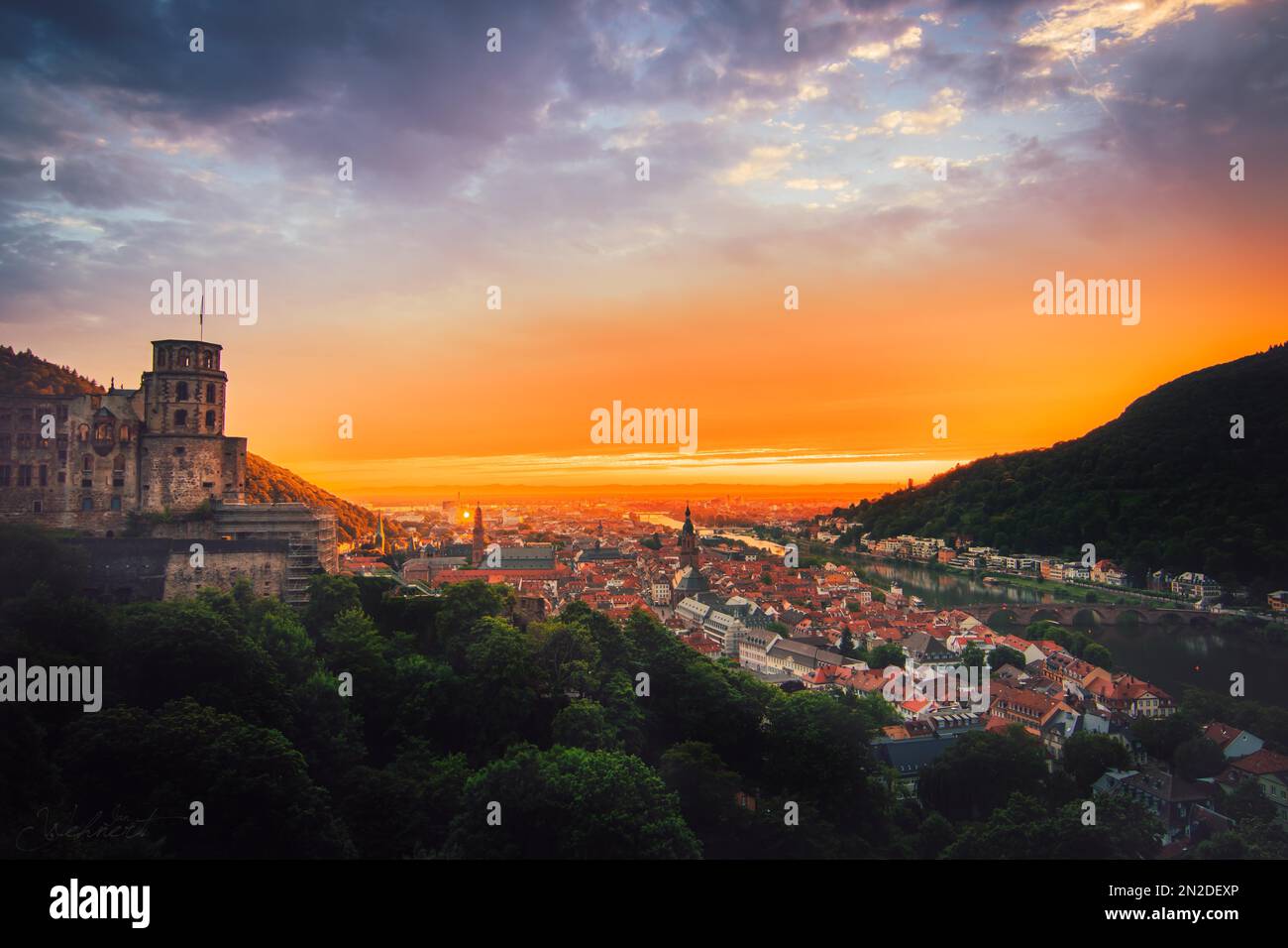 City view with Heidelberg Castle, castle ruins, sunset, backlight shot ...