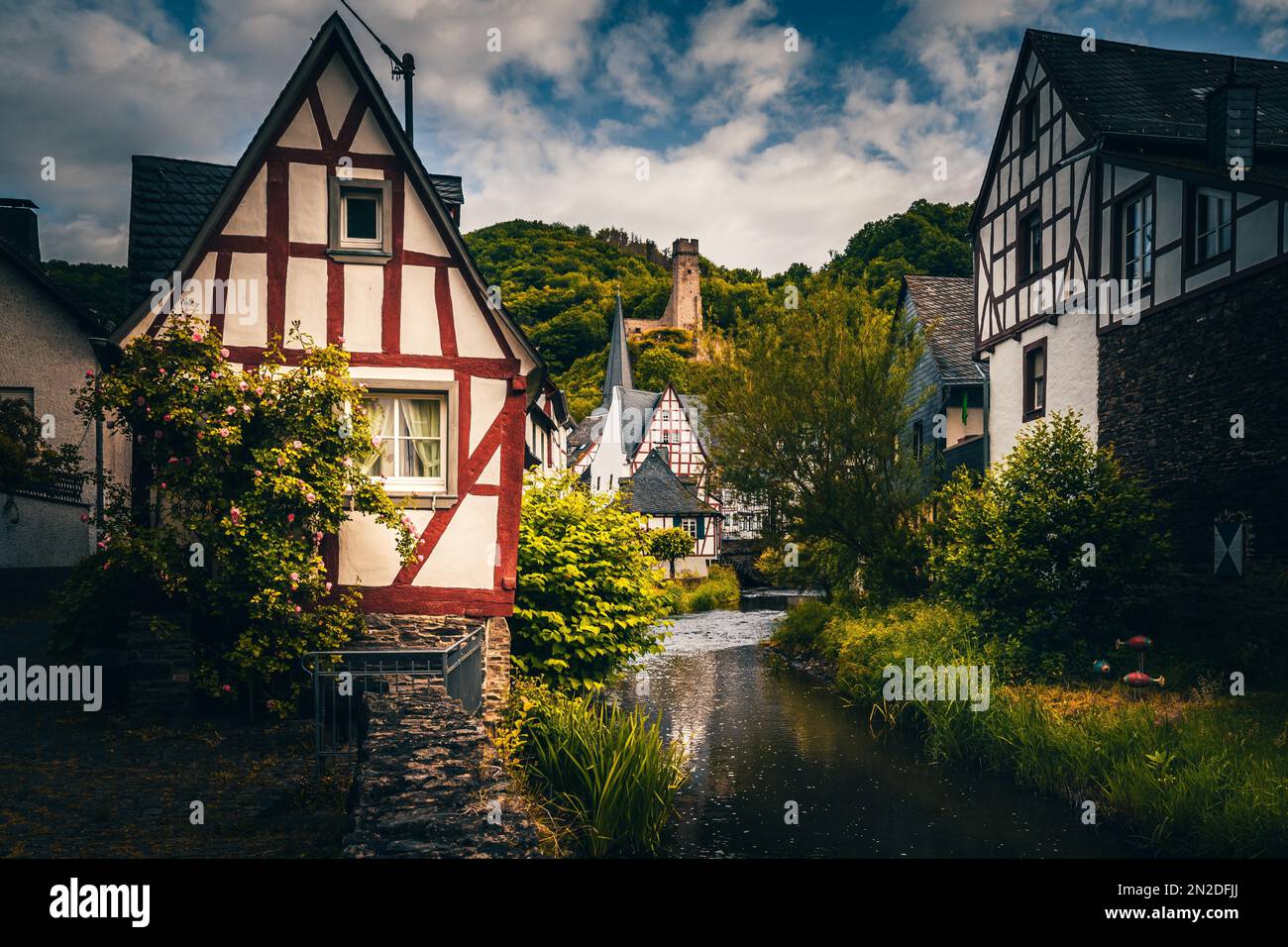 Historic town center with half-timbered houses on Elzbach and the ruins ...