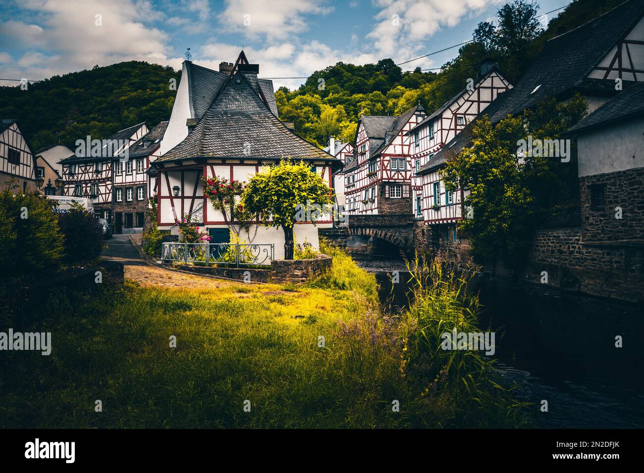 Historic town center with half-timbered houses on Elzbach and the ruins ...