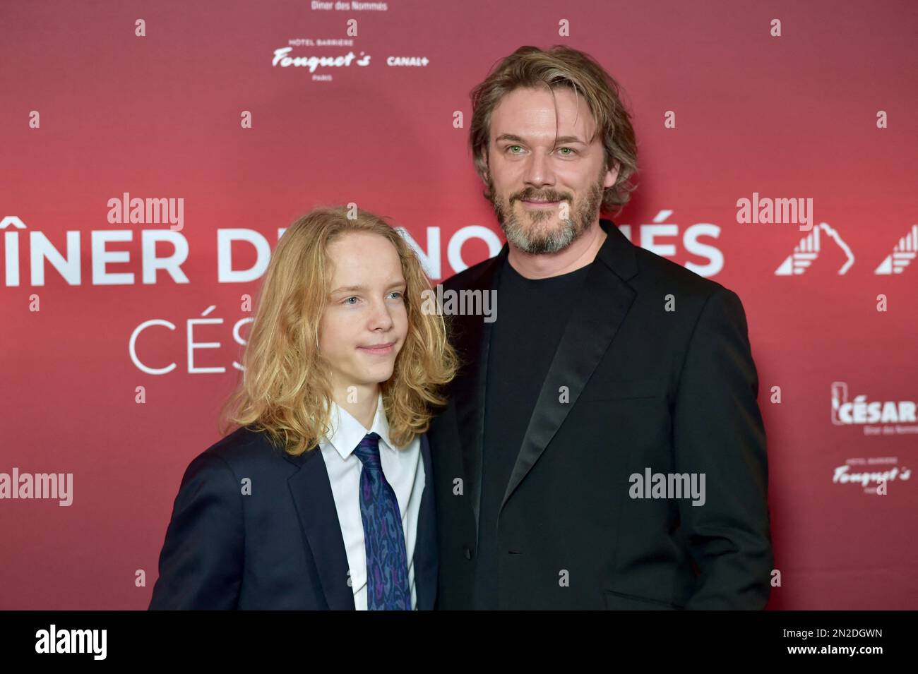 Paris, France. February 6, 2023, Aliocha Reinert (L) and a guest attends the Cesar Nominee ...