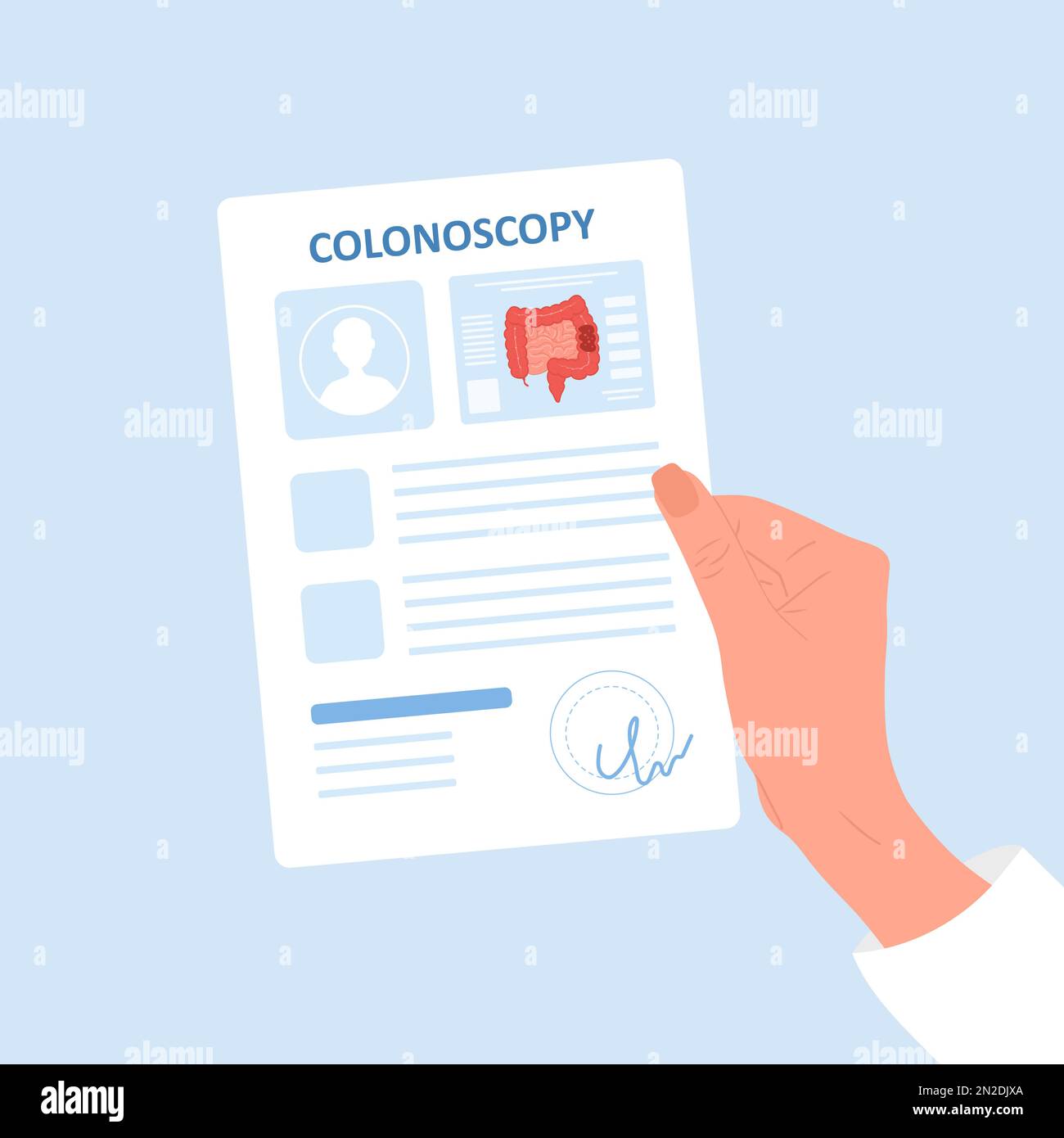 Colonoscopy concept. Female hand holding results of examine intestine ...
