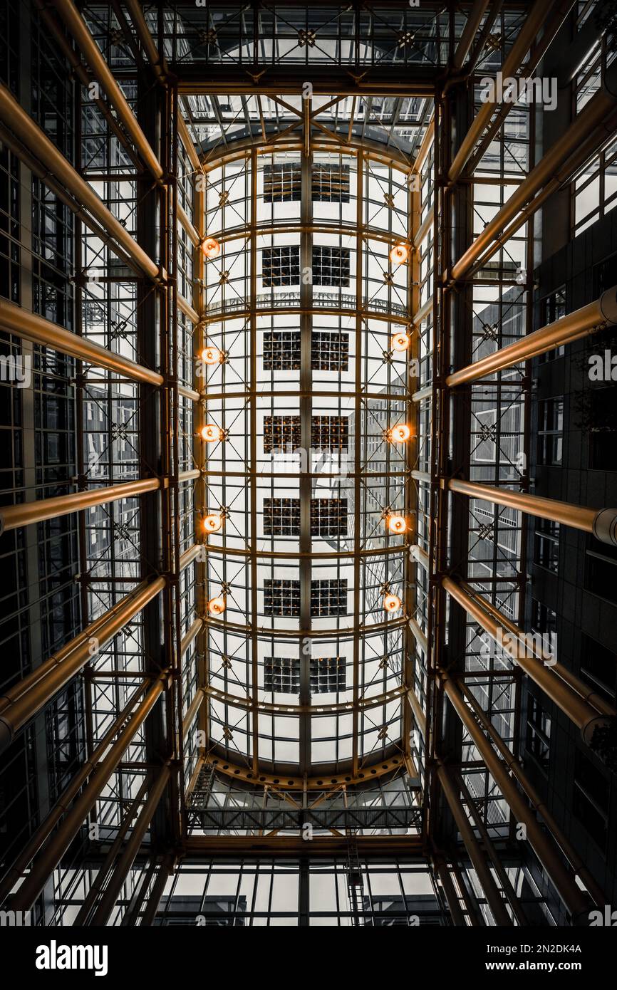 The view upwards in a hall made of steel and glass, architecture from ...