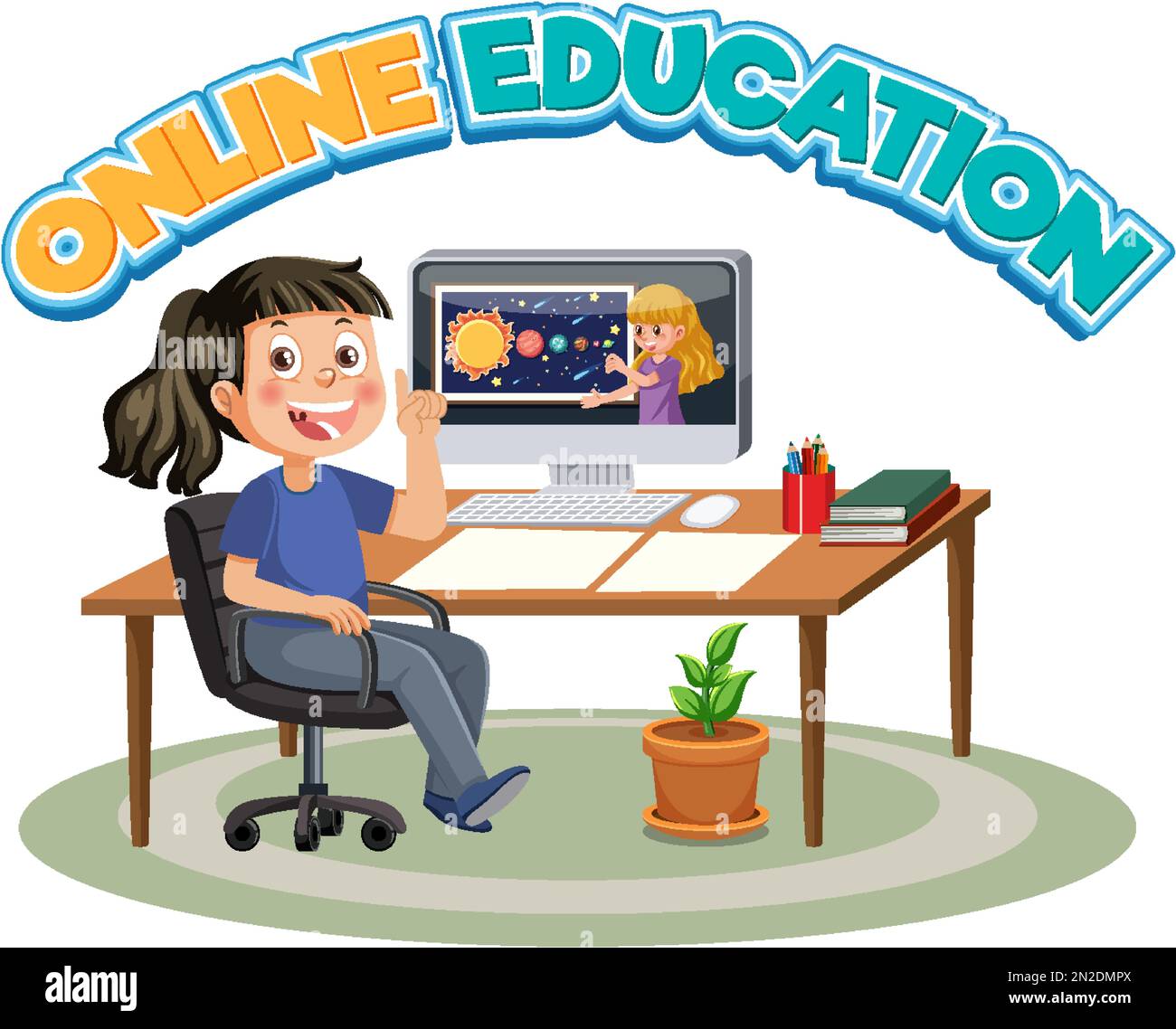 Online education word with cartoon character illustration Stock Vector ...