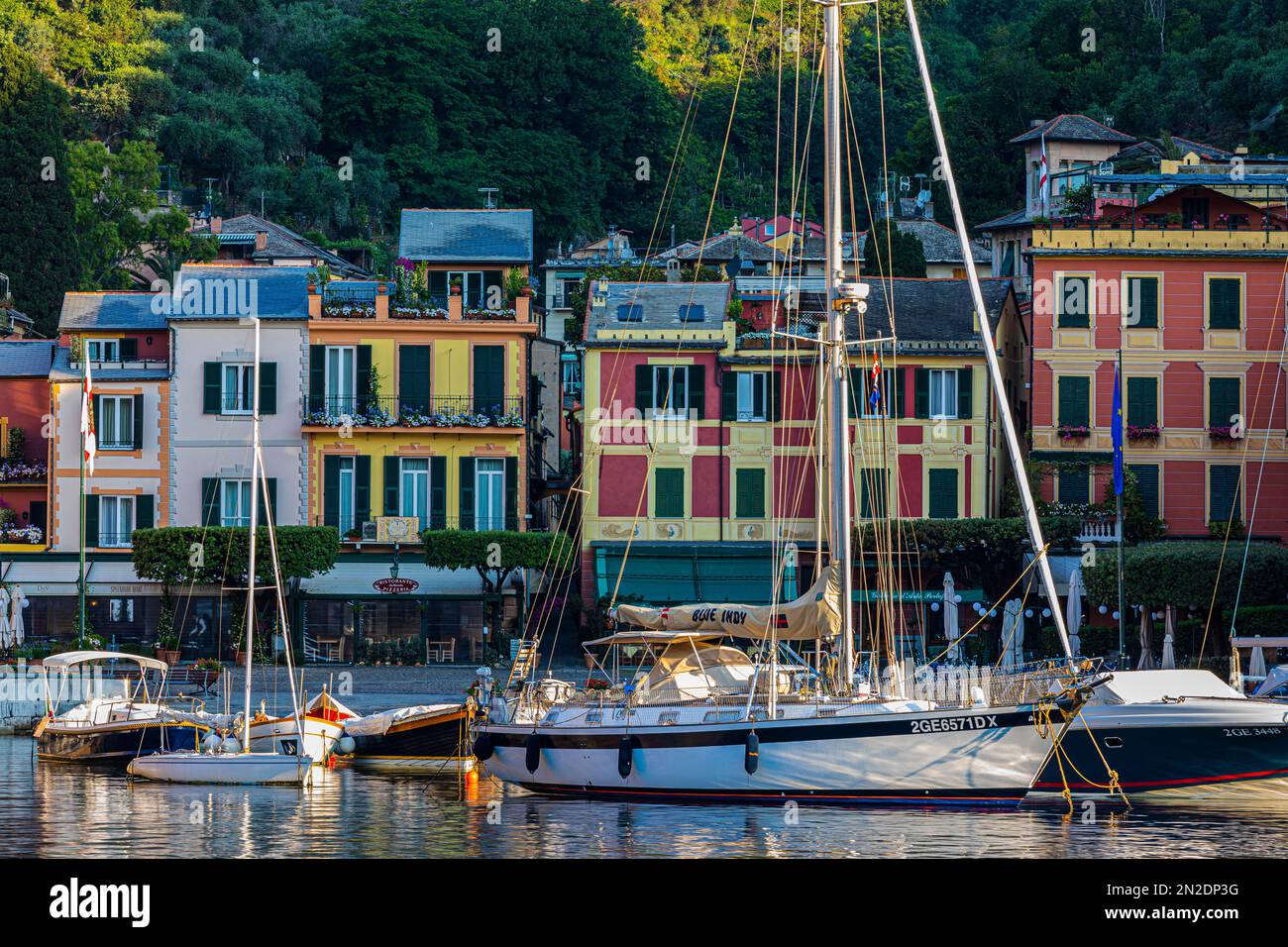 Boats anchored in the harbour of Portofino, behind them pastel-coloured ...