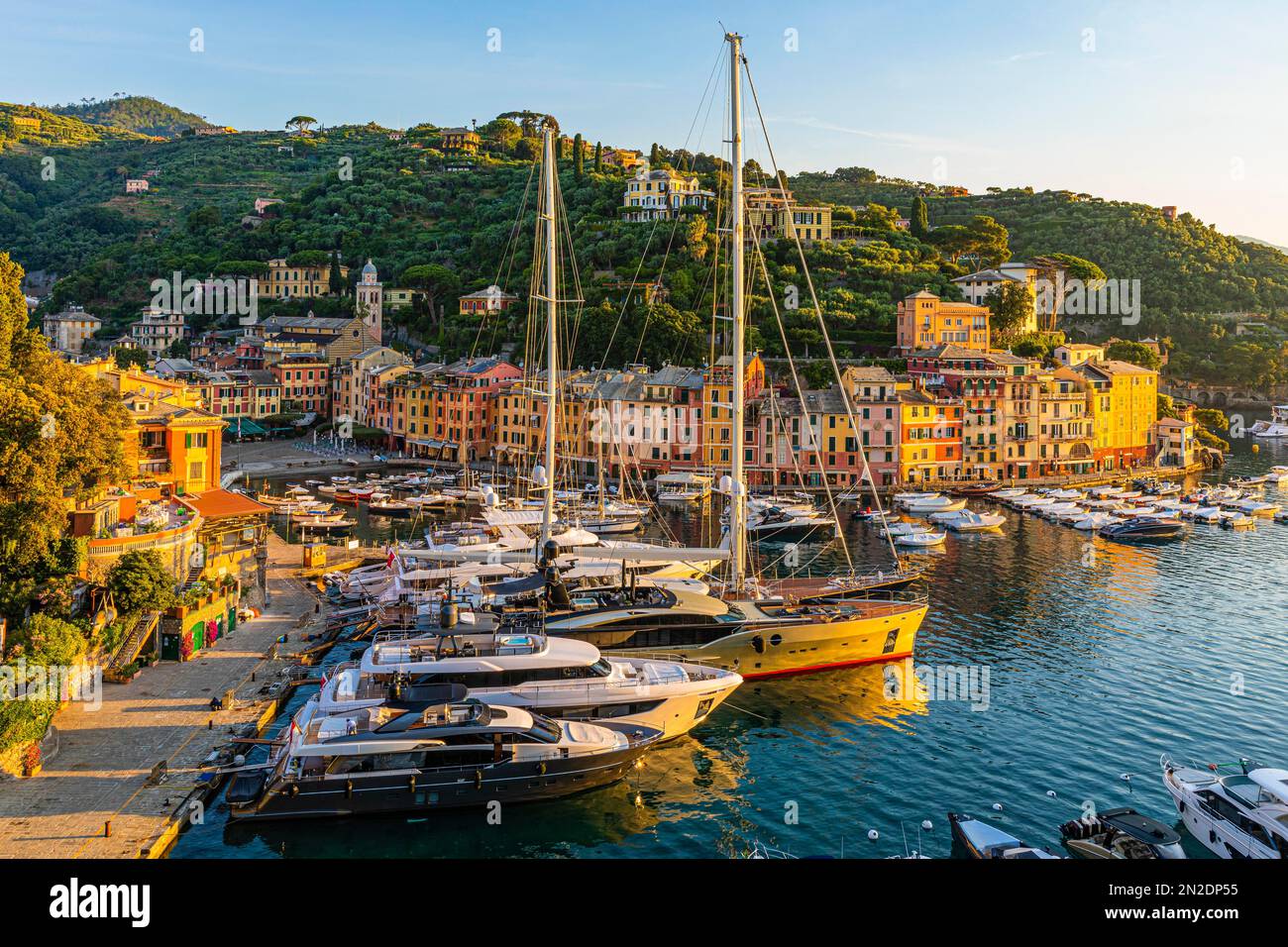 Luxury yachts and boats anchor in Portofino harbour in front of pastel ...