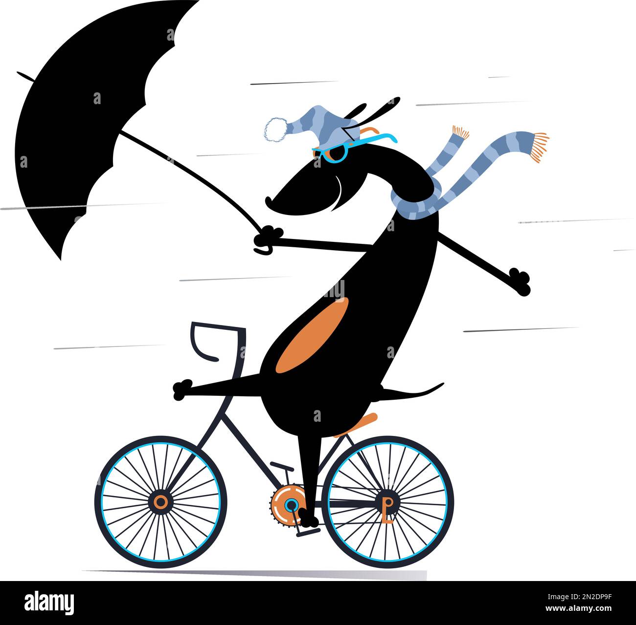 Rainy and windy day and dog rides a bike illustration. Strong wind and ...