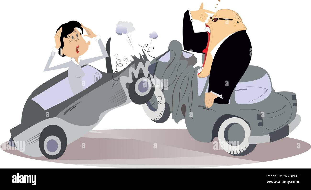 Two cars fall into a road accident. Angry driver man shout to woman ...