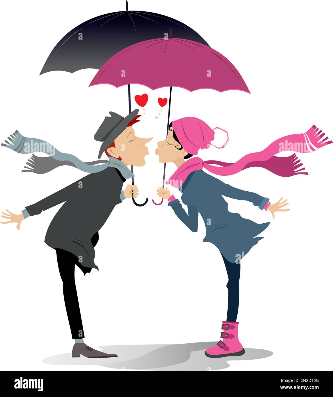 Love couple rendezvous under the rain. Hearts symbol. Young man and ...