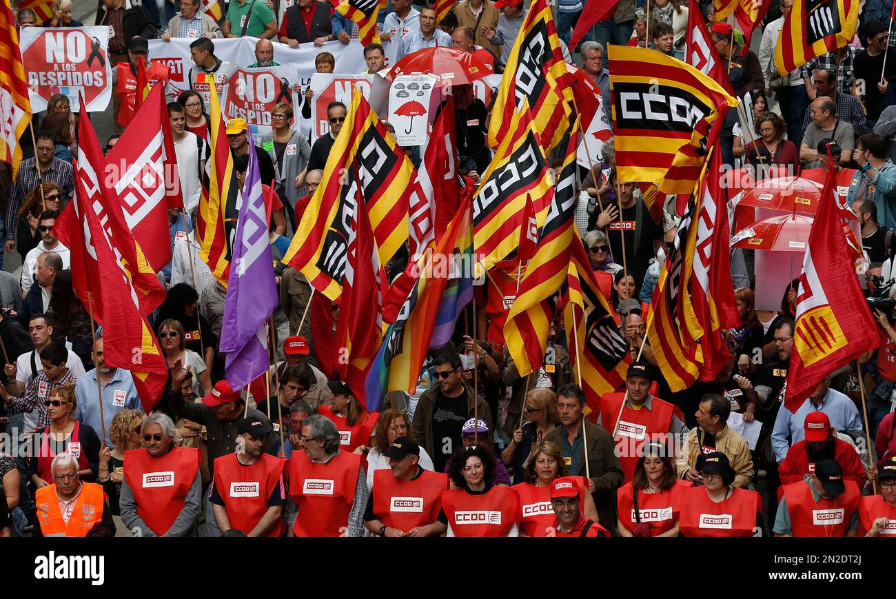 People protest during a May Day rally in the center of Barcelona, Spain ...