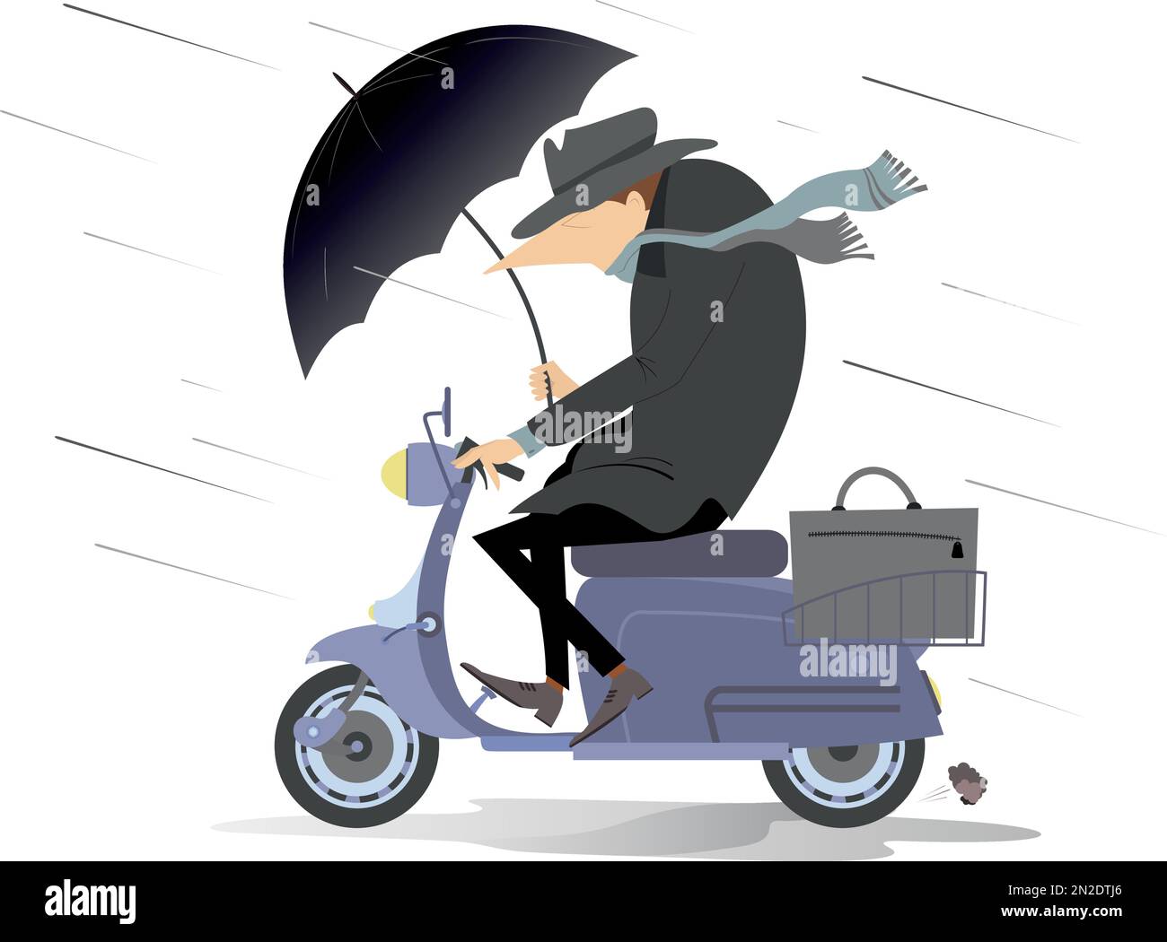 Rainy and windy day and man rides a scooter. Man with umbrella rides a ...
