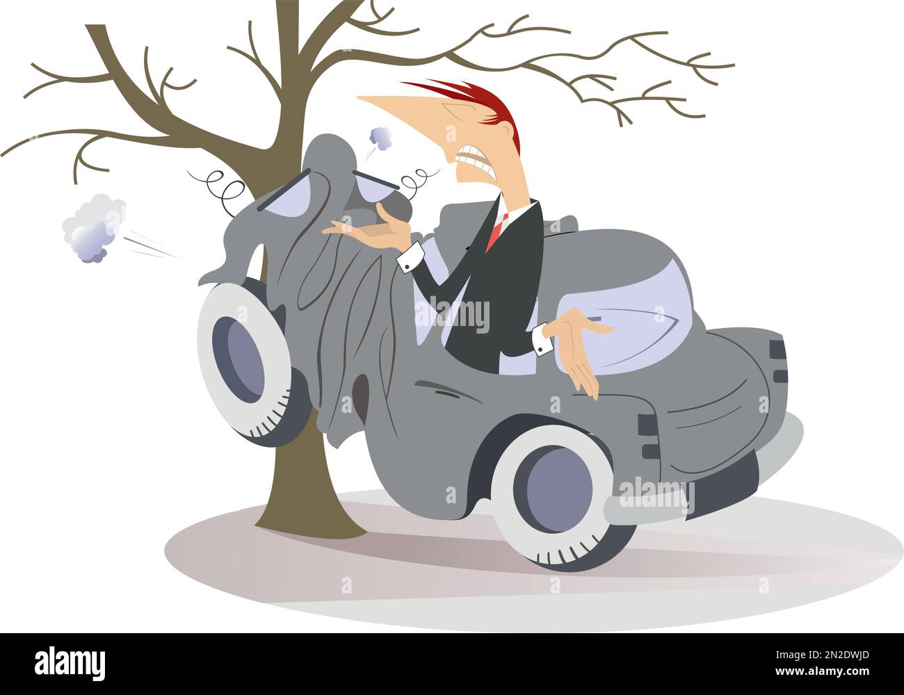 Car smashed into a tree. Man in the crashed car smashed into a tree ...