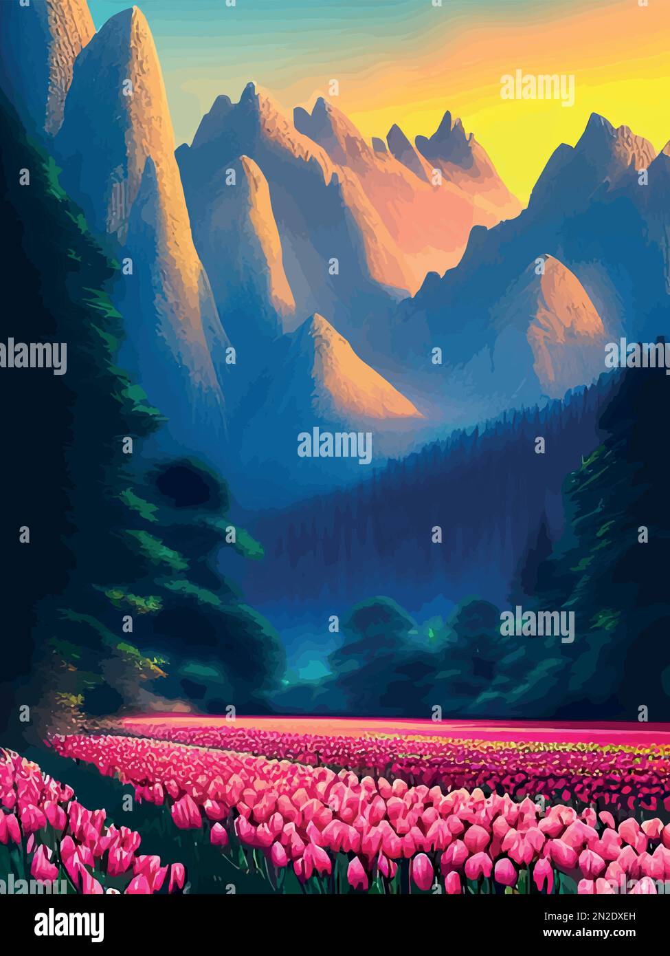 Spring tulip landscape at sunset Stock Vector Images - Alamy