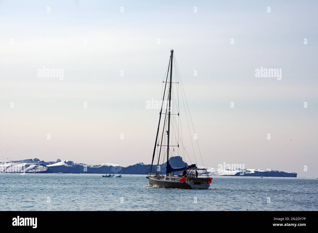 Sailboat and icebergs, Illimanaq, Disko Bay, Avannaata Kommunia, Arctic ...