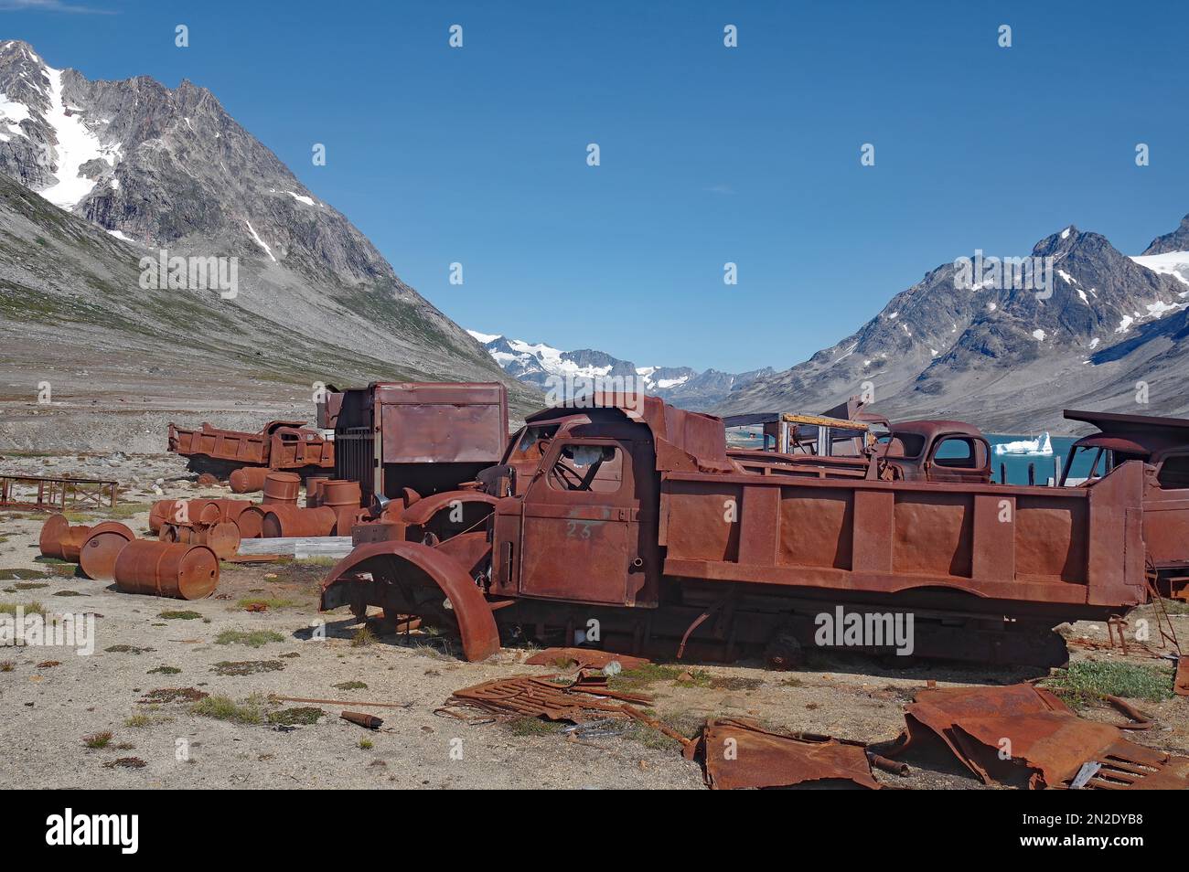 Rusty army vehicles from 1947, barren mountains, Ikateq army base, East ...