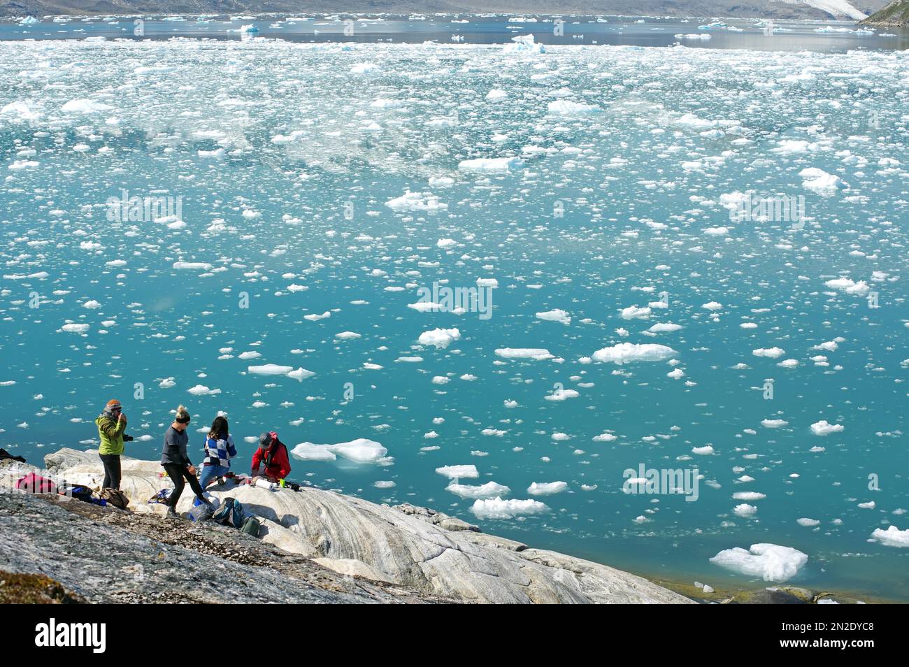 People standing in a fjord with ice and icebergs, glacier, Arctic, Knud ...