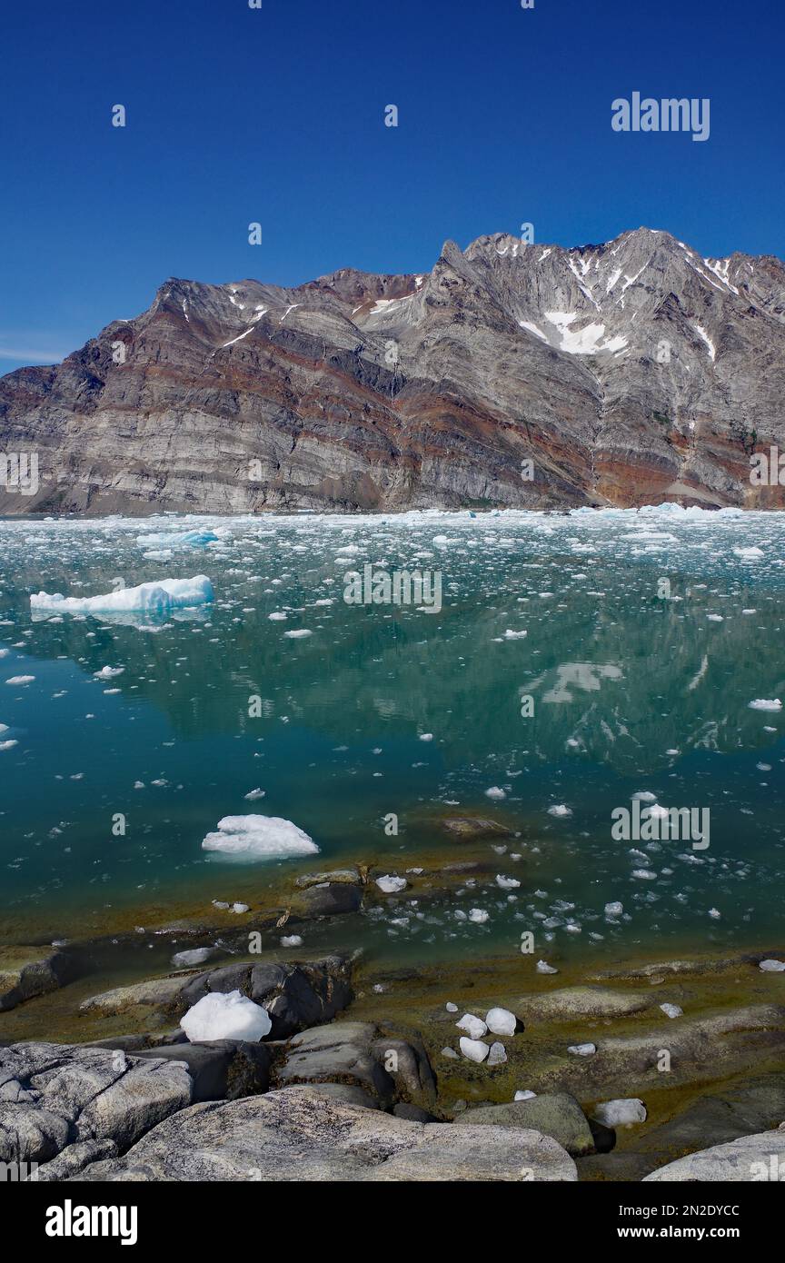 View of a fjord filled with drift ice, rugged mountains in the ...