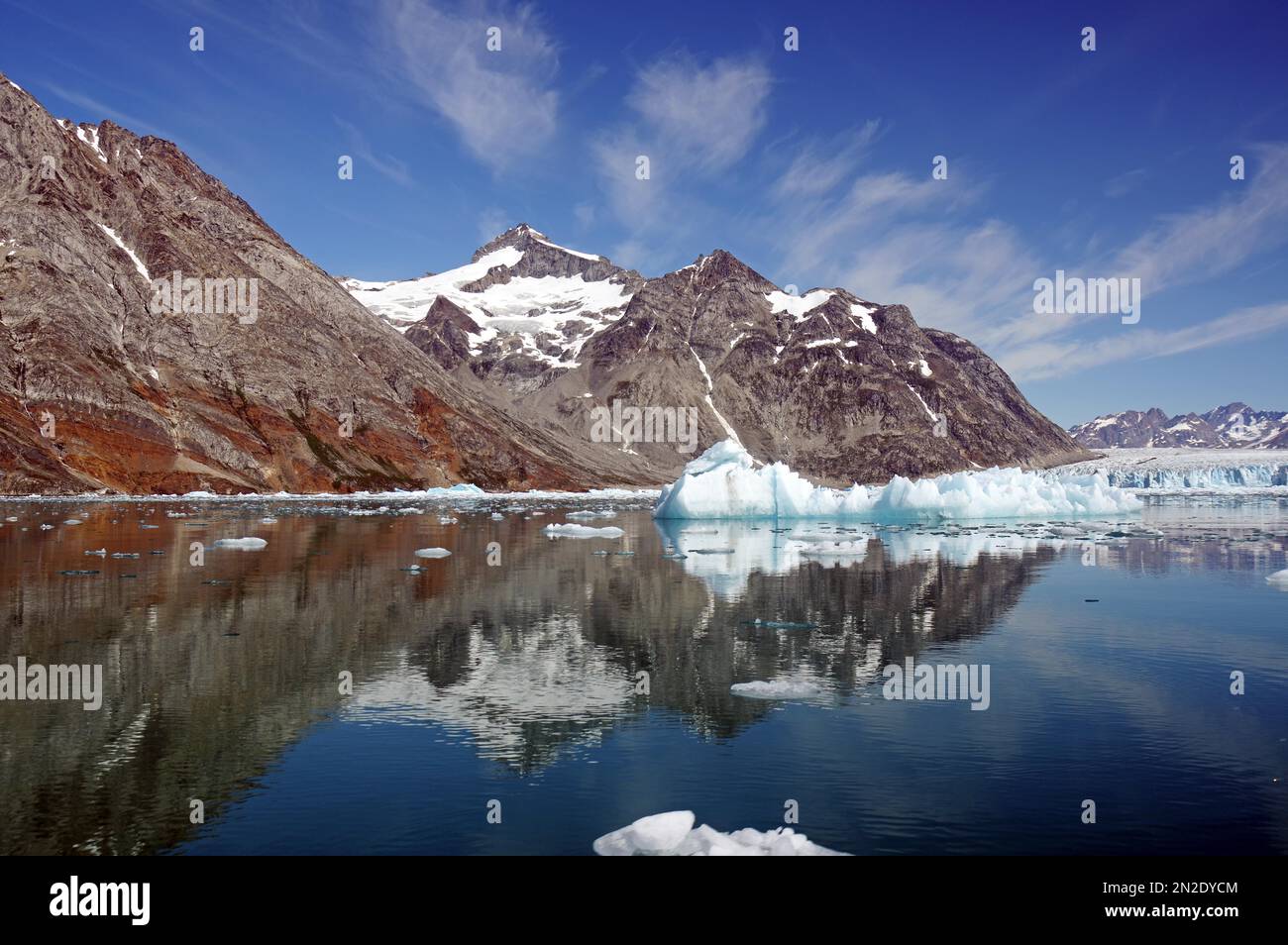 Fjord with drift ice, glacier and wild mountain landscape, summer, Knud ...