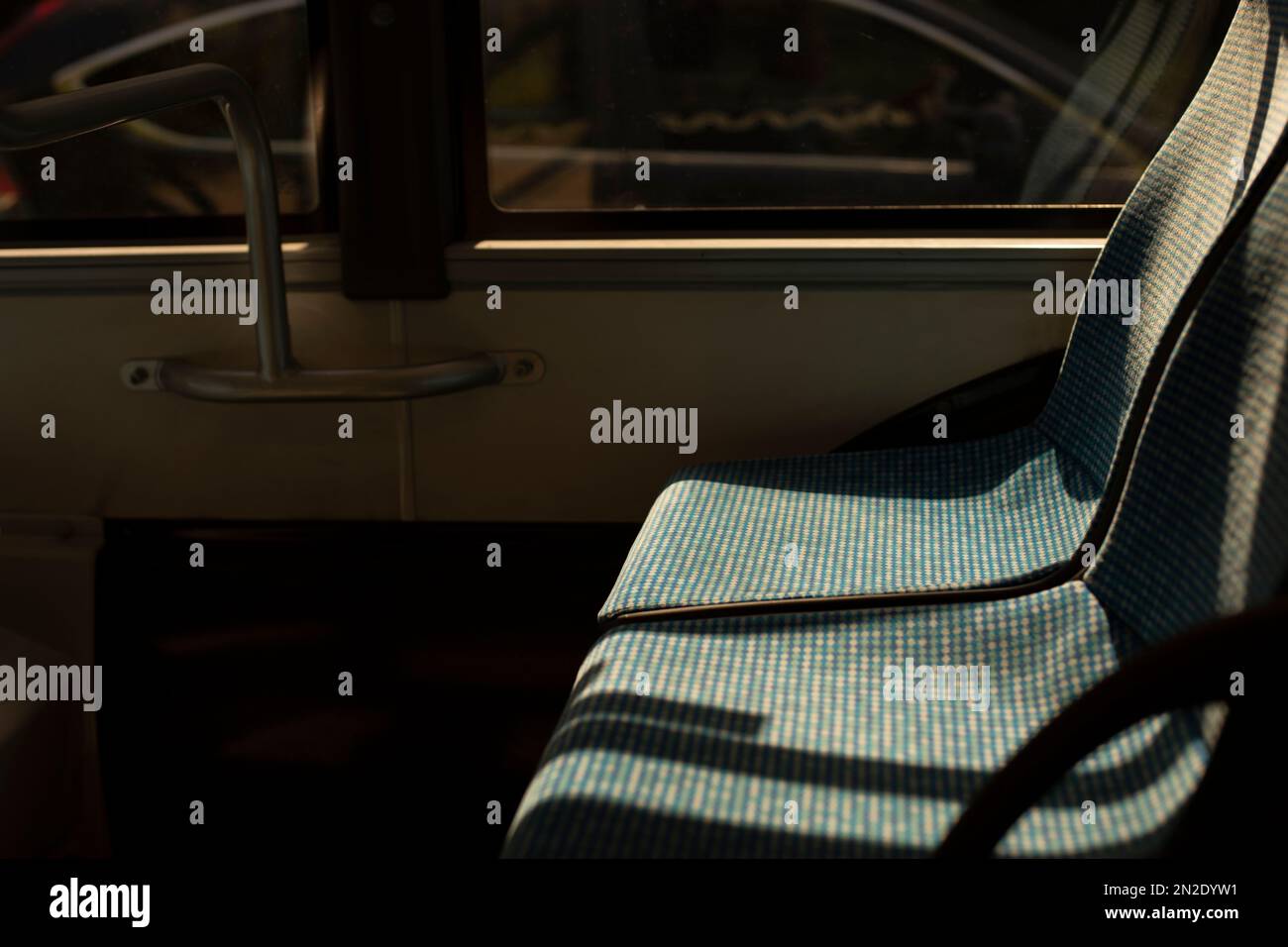 Sitting on bus. Public transport details. Blue passenger seat. Interior ...