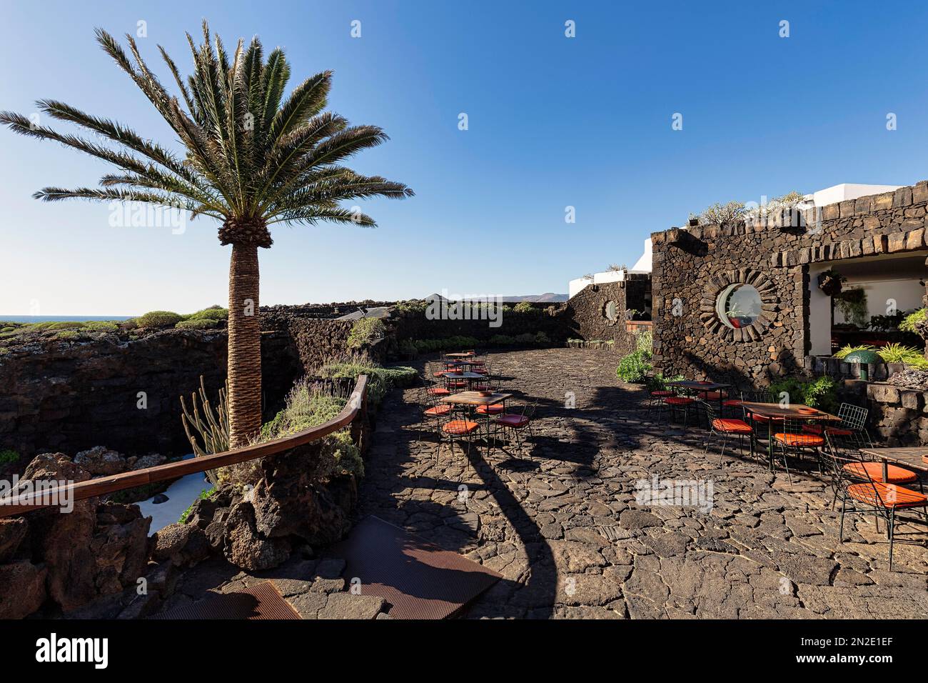 Terrace with cafe, architect Cesar Manrique, Jameos del Agua, Lanzarote ...