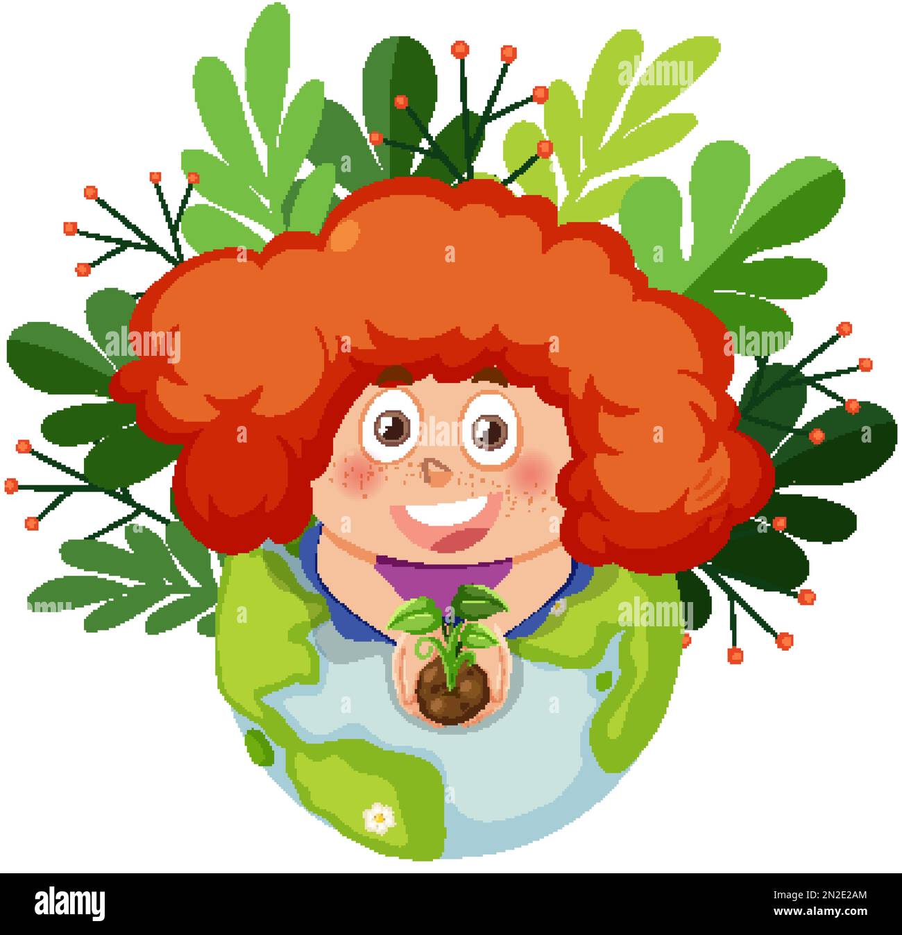 Cute girl on earth globe cartoon character illustration Stock Vector ...