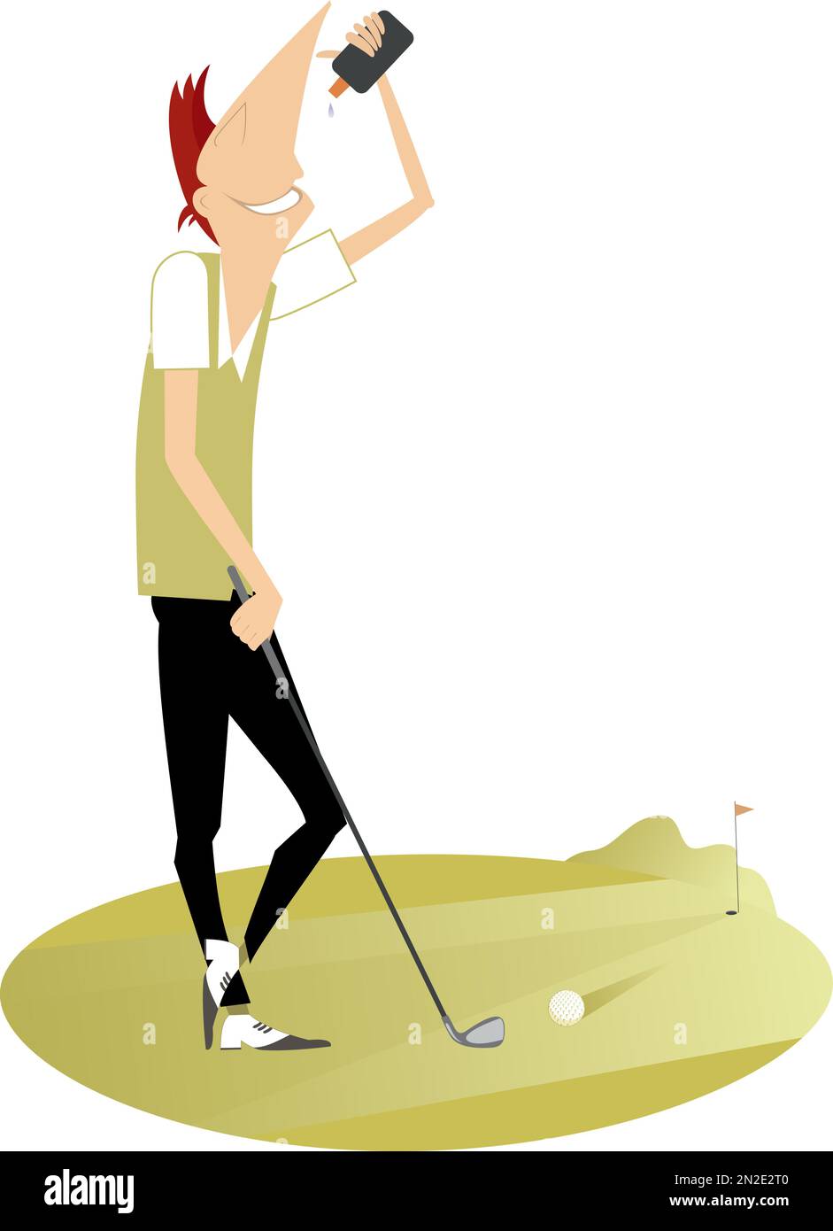 Young man playing golf. Illustration. Cartoon man holding golf club and ...