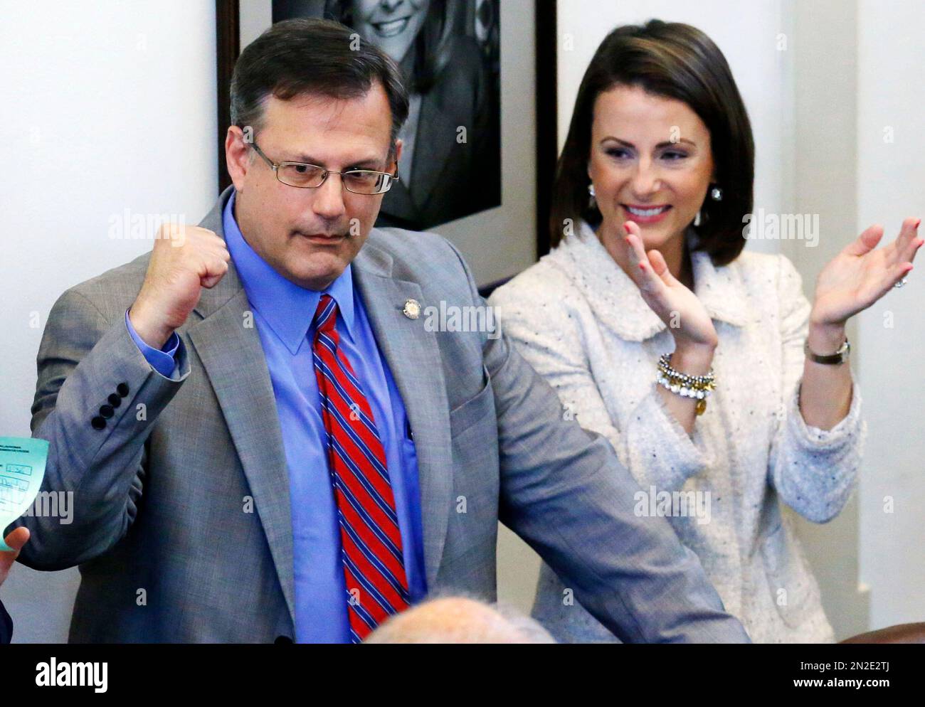 Oklahoma state Rep. Terry O’Donnell, left, R-Catoosa, pumps his fist ...