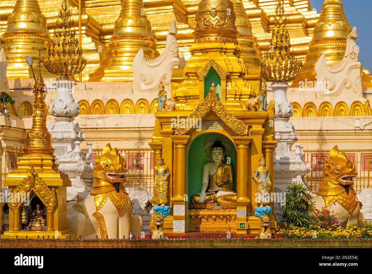 Shrines and animal figures, Shwedagon Pagoda, Yangon, Myanmar, Yangon ...