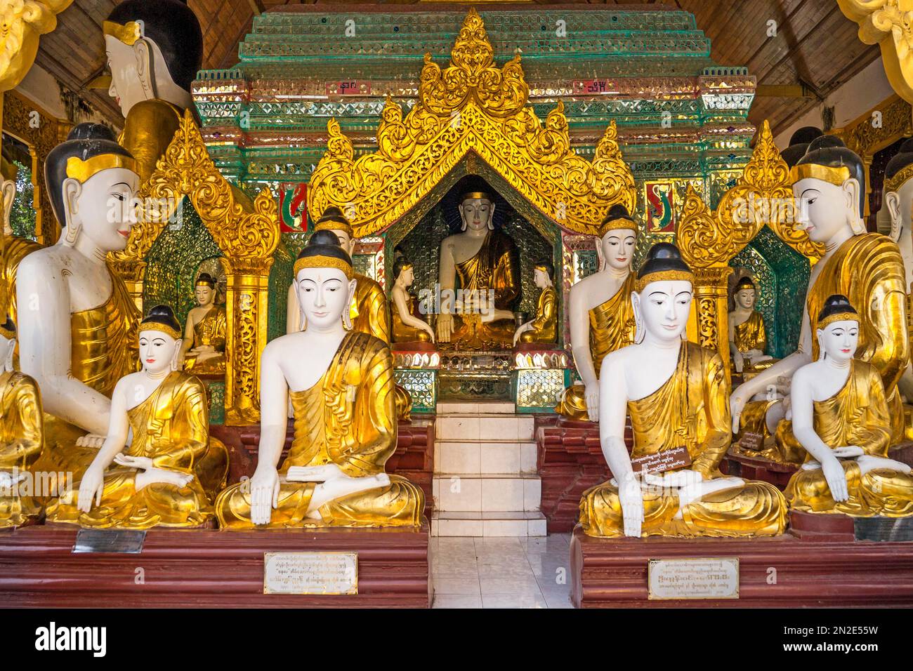 Buddha statues in shrine, Shwedagon Pagoda, Yangoon, Myanmar, Yangoon ...